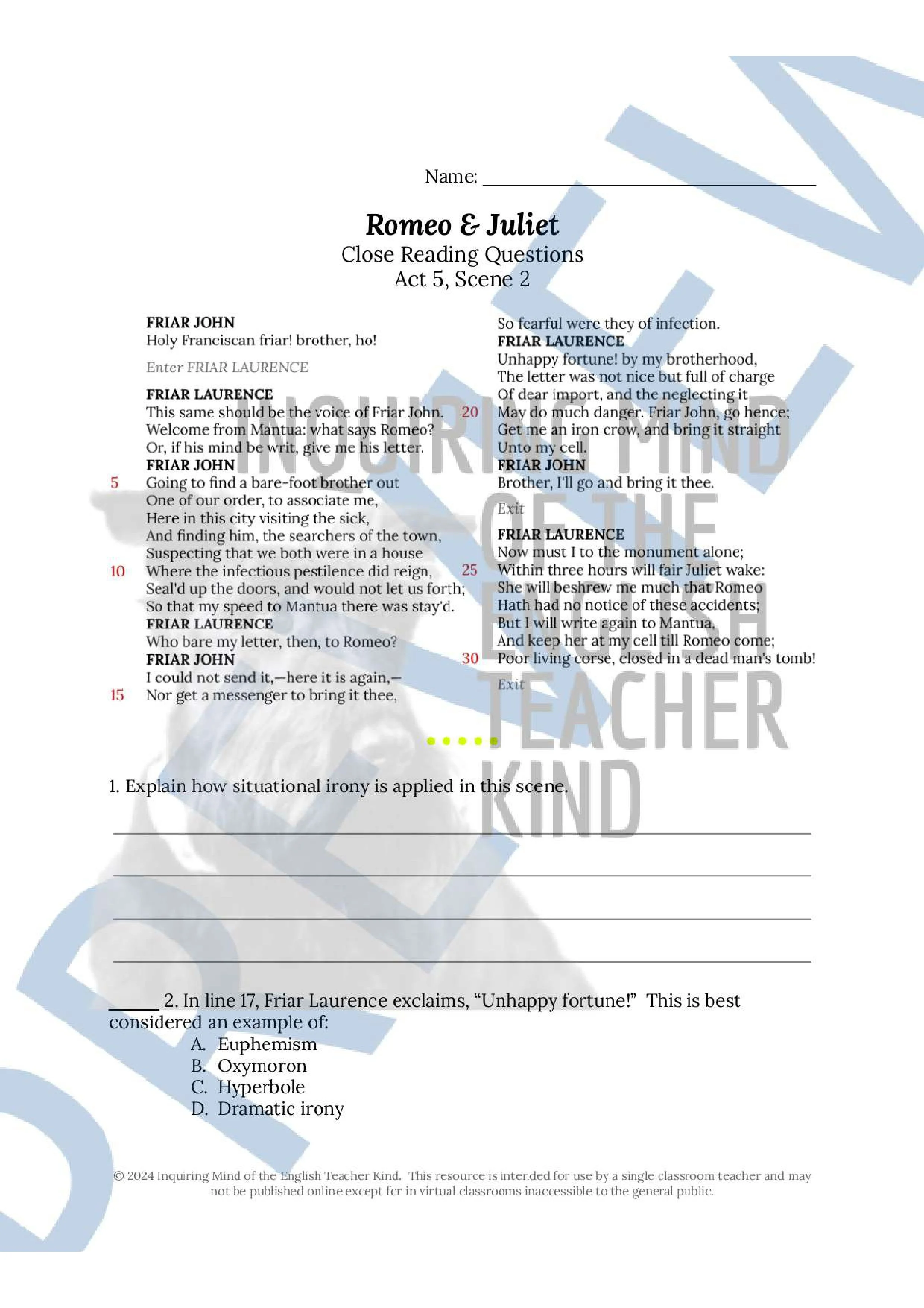 Romeo and Juliet Close Reading Analysis Worksheets Bundle with Answer ...