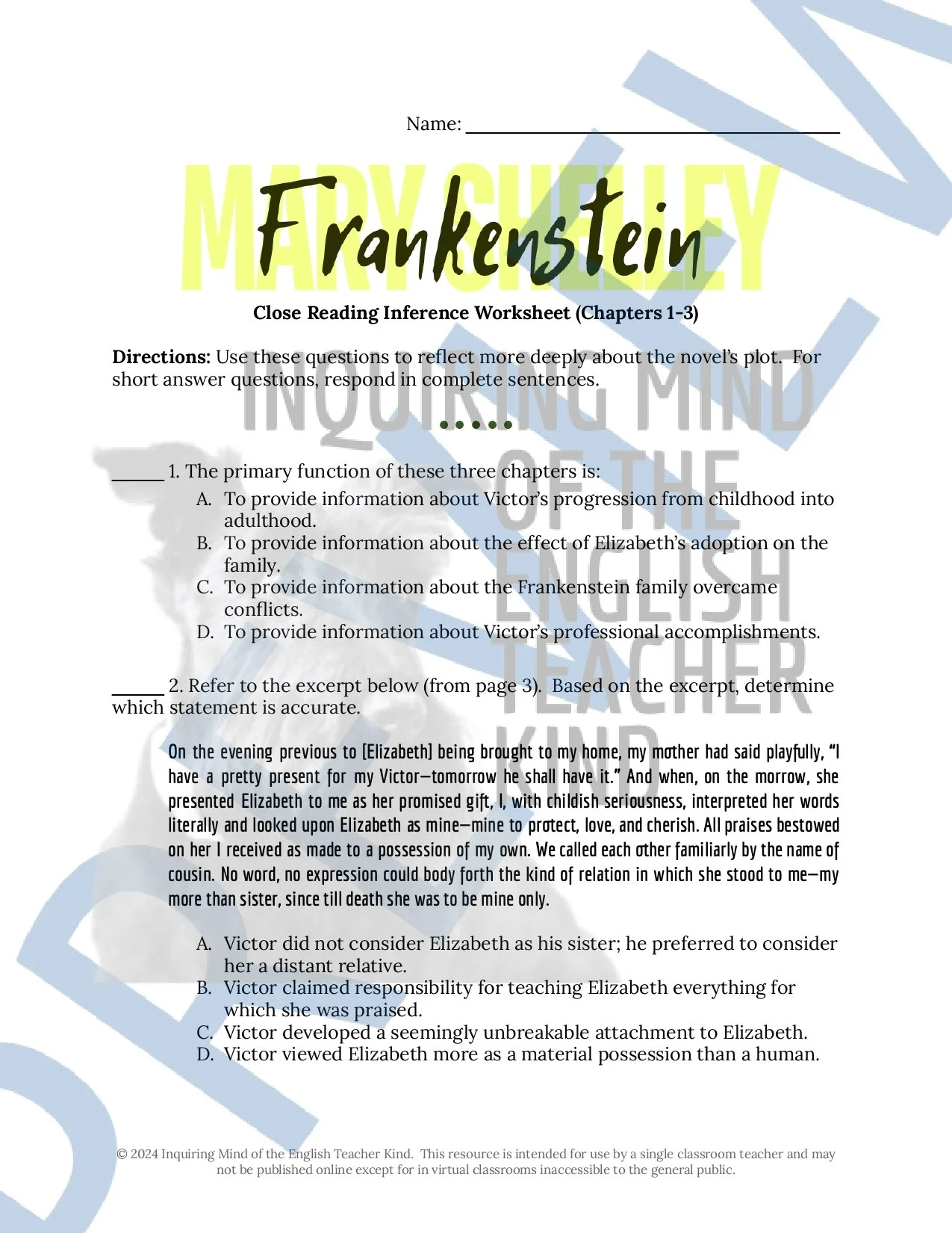 Frankenstein by Mary Shelley Close Reading Analysis Worksheets Bundle ...