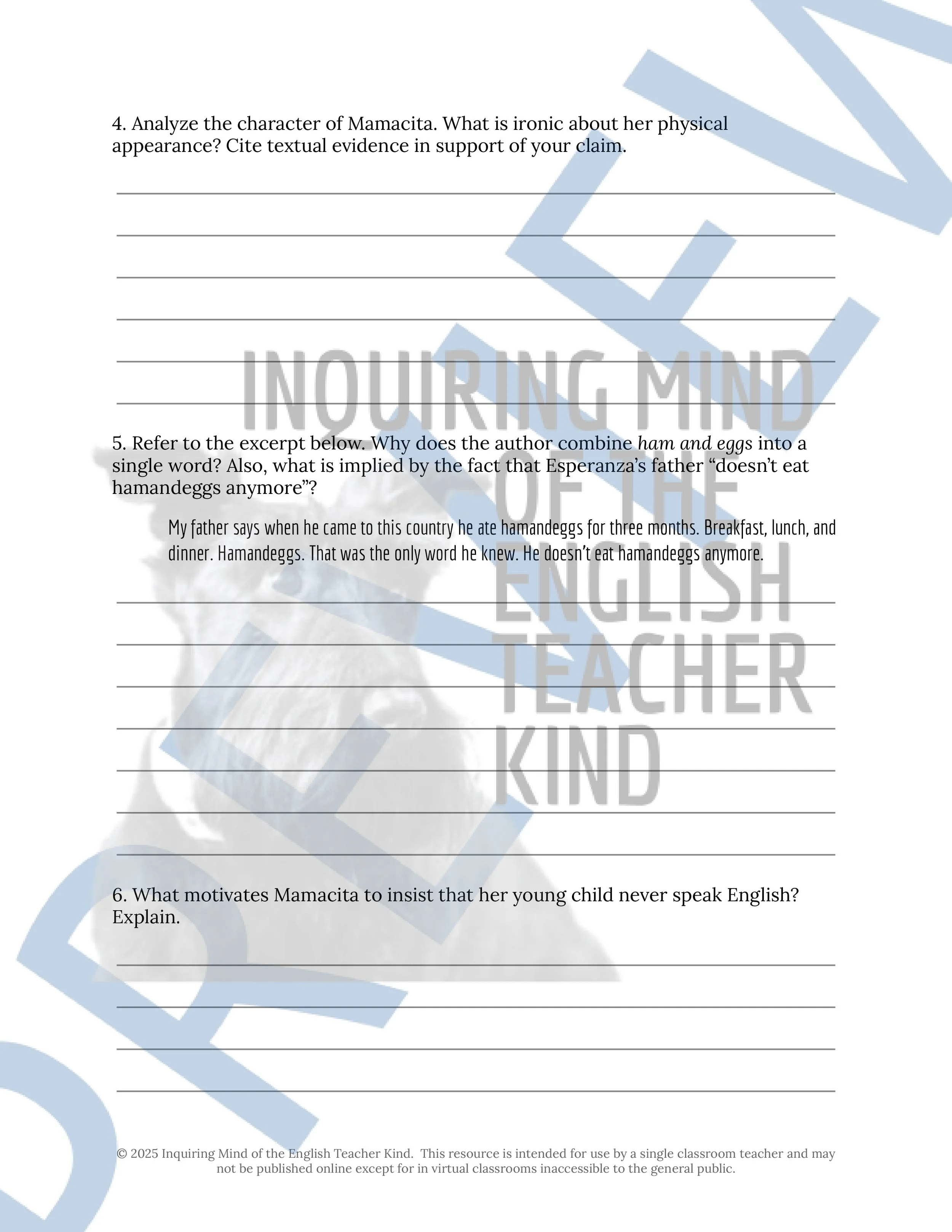 The House on Mango Street - Close Reading Worksheet on "No Speak ...
