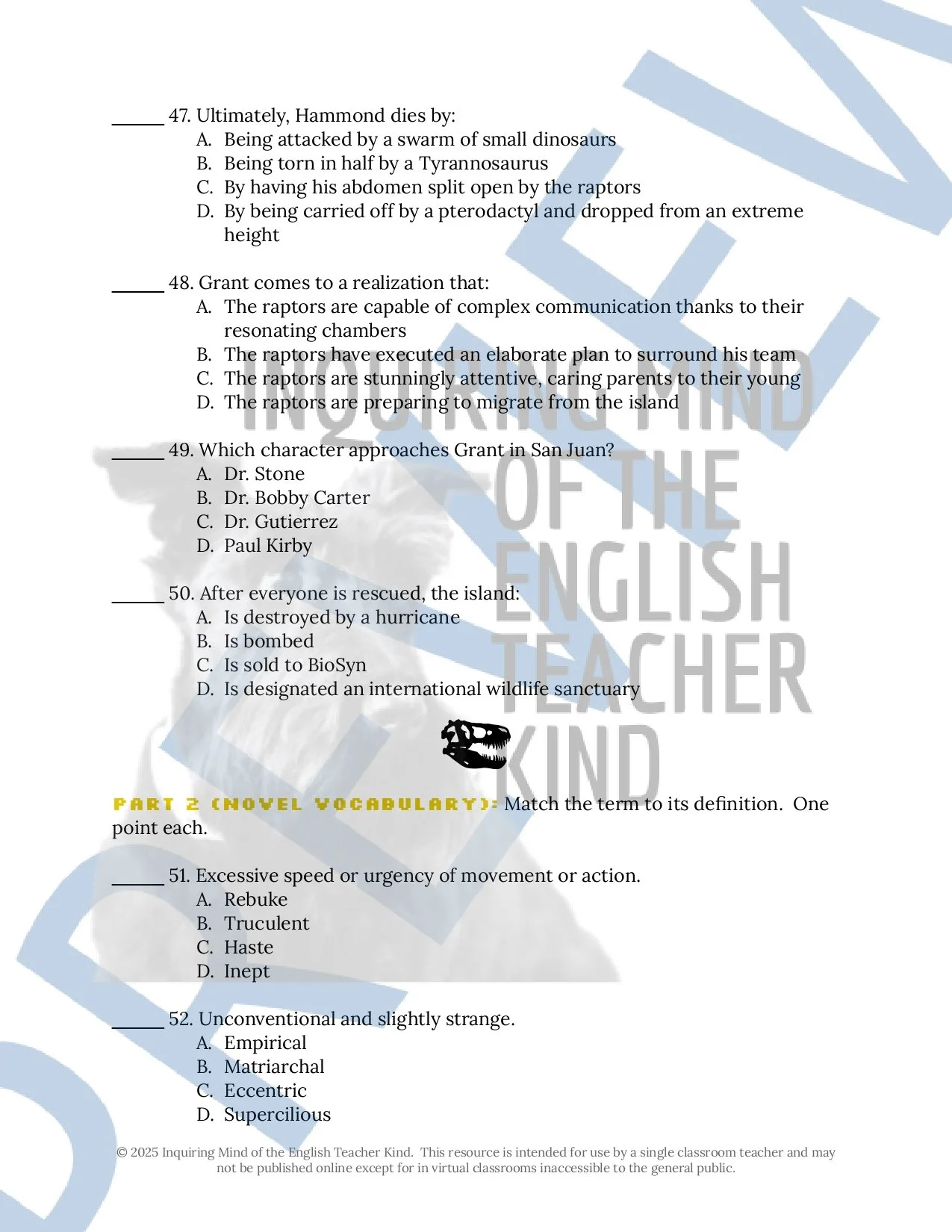 Jurassic Park Quizzes, Analysis Worksheets, Vocabulary Games, Project ...