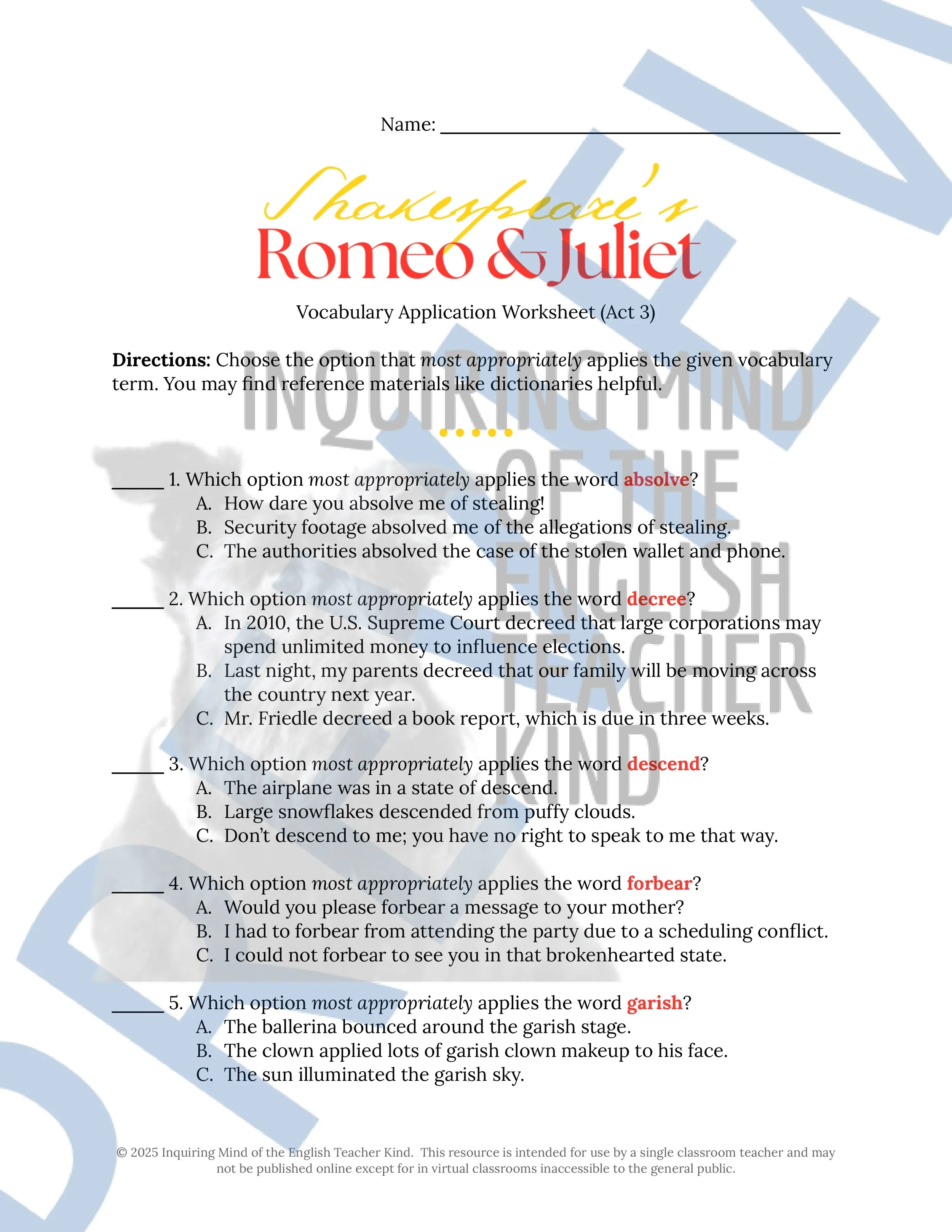 Romeo and Juliet Reading Guides, Vocabulary Games, Quizzes, Inference ...