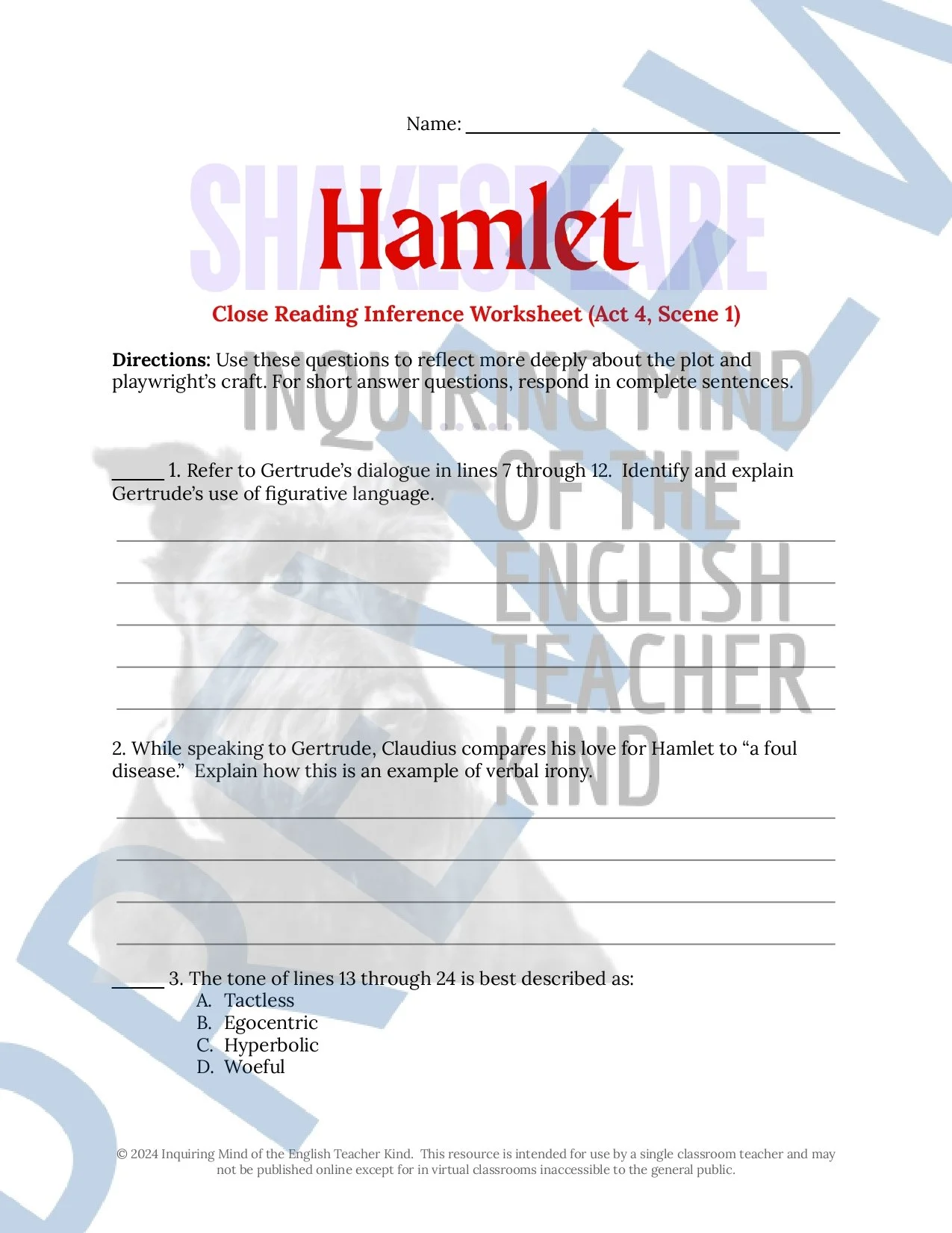 Hamlet Act 4 Quiz, Close Reading Worksheets, and Vocabulary Games ...