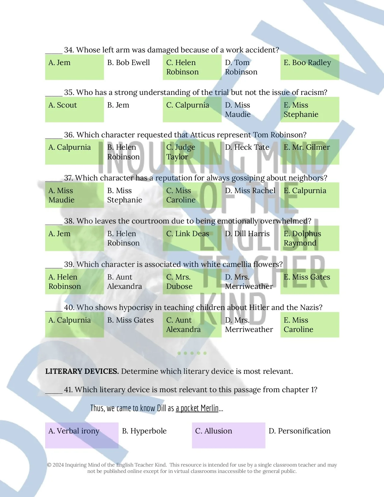 To Kill a Mockingbird Test and Answer Key with Study Guide for High ...