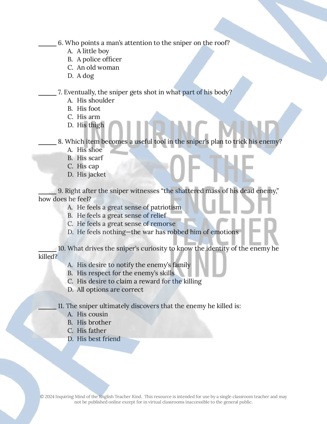 "The Sniper" by Liam O'Flaherty Quiz, Close Reading, and Vocabulary ...