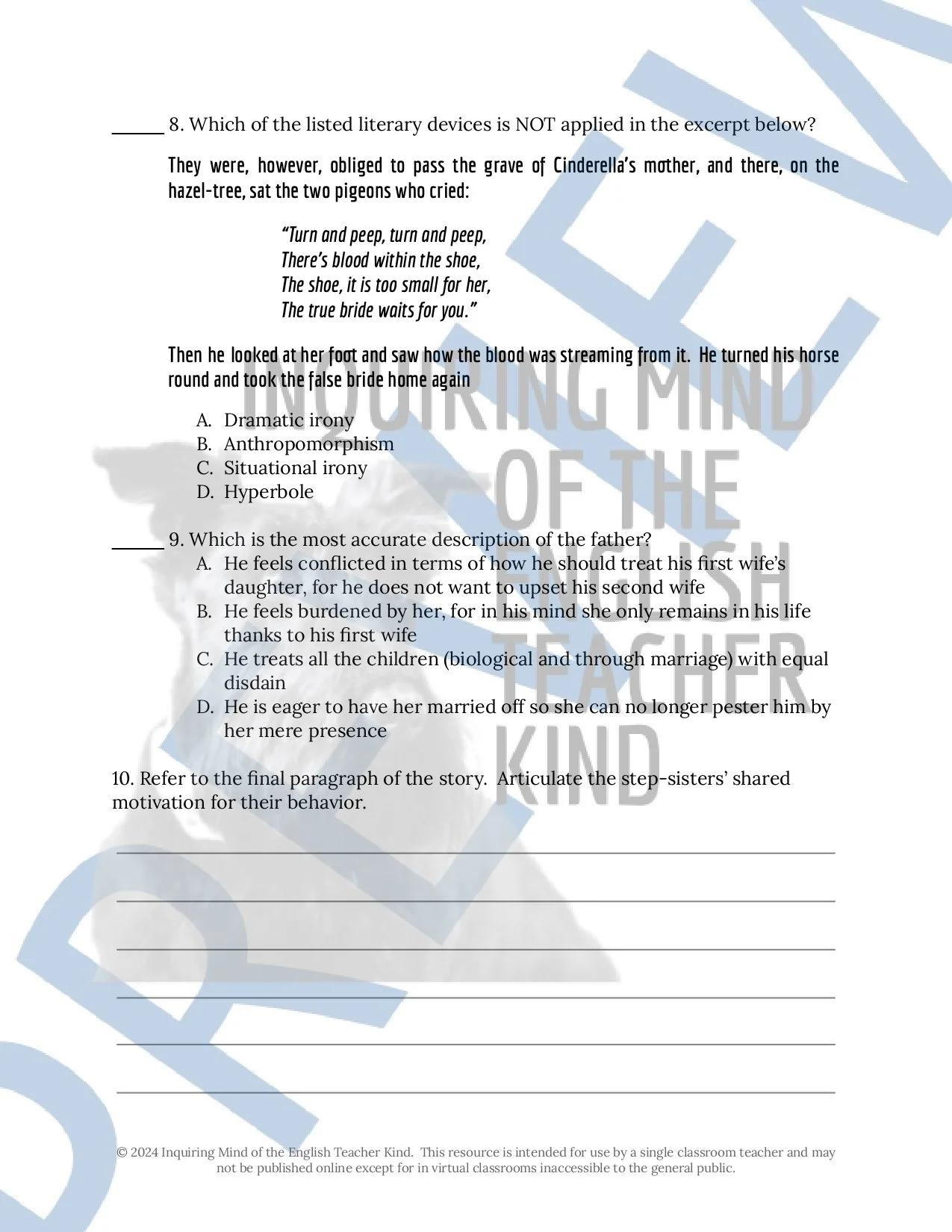 "Cinderella" by the Brothers Grimm Quiz, Close Reading, and Vocabulary ...