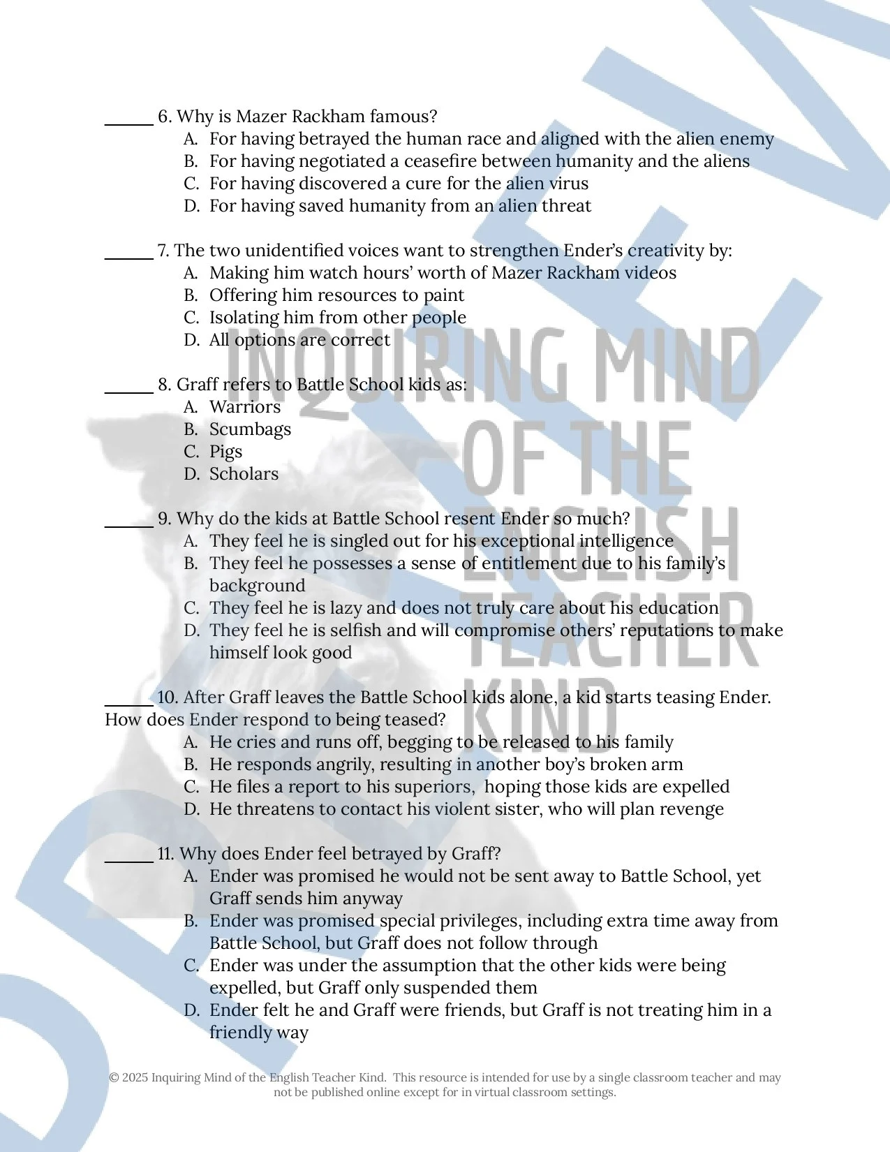 Ender's Game Quiz and Answer Key Bundle — Inquiring Mind of the English ...