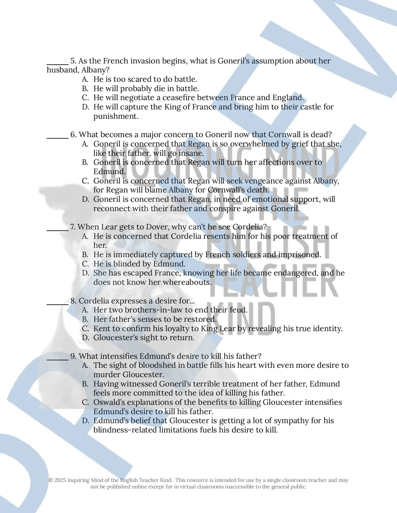 King Lear Act 4 Quiz, Vocabulary Games, and Close Reading Inference ...