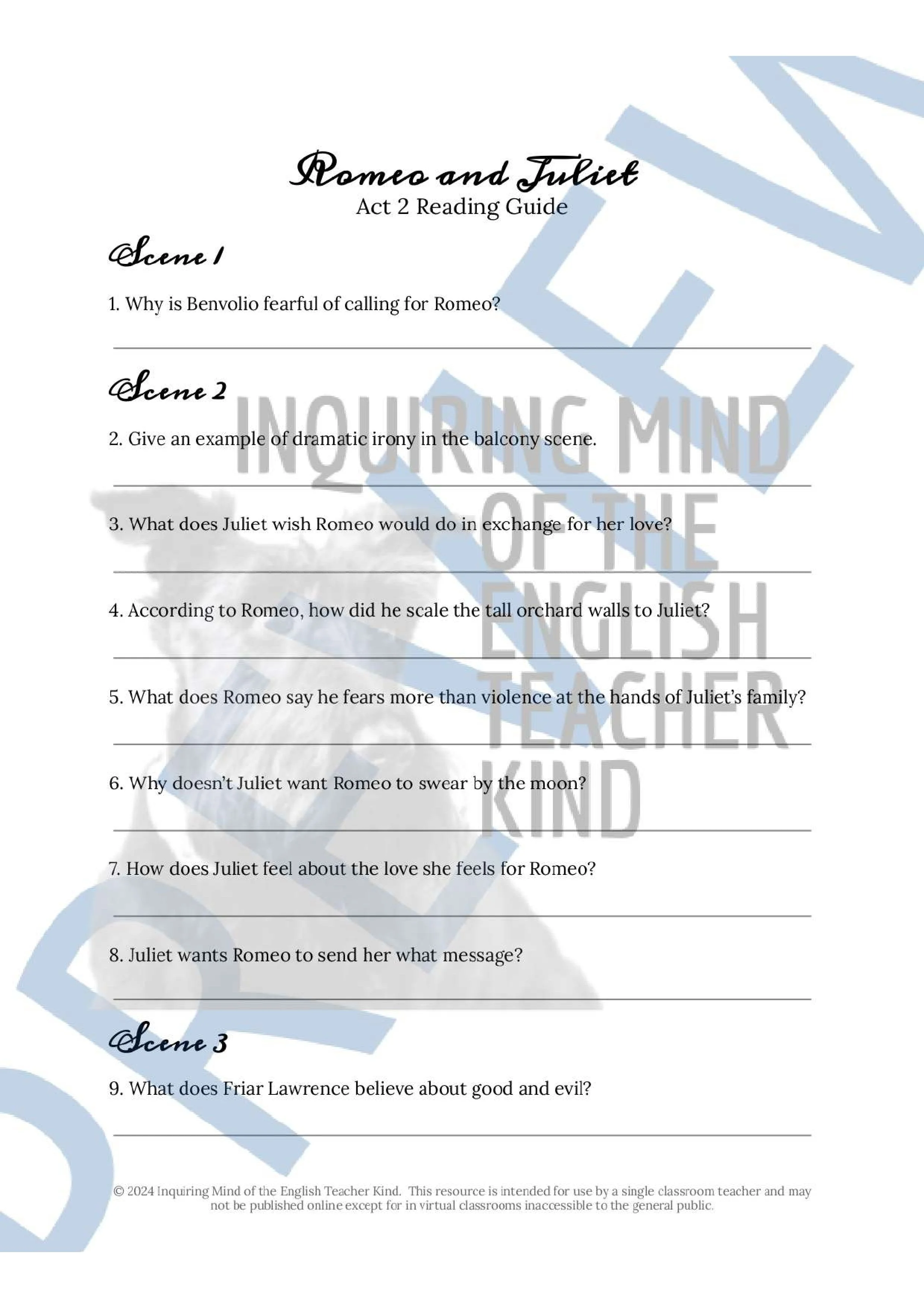 Romeo and Juliet Guided Reading Worksheets and Answer Keys Bundle for ...