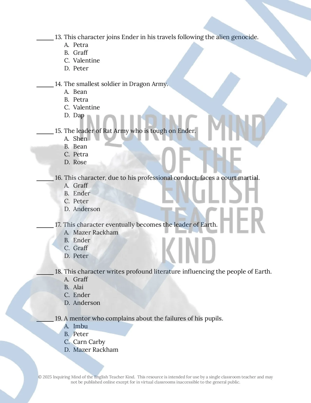 Ender's Game Test and Answer Key with Study Guide — Inquiring Mind of ...