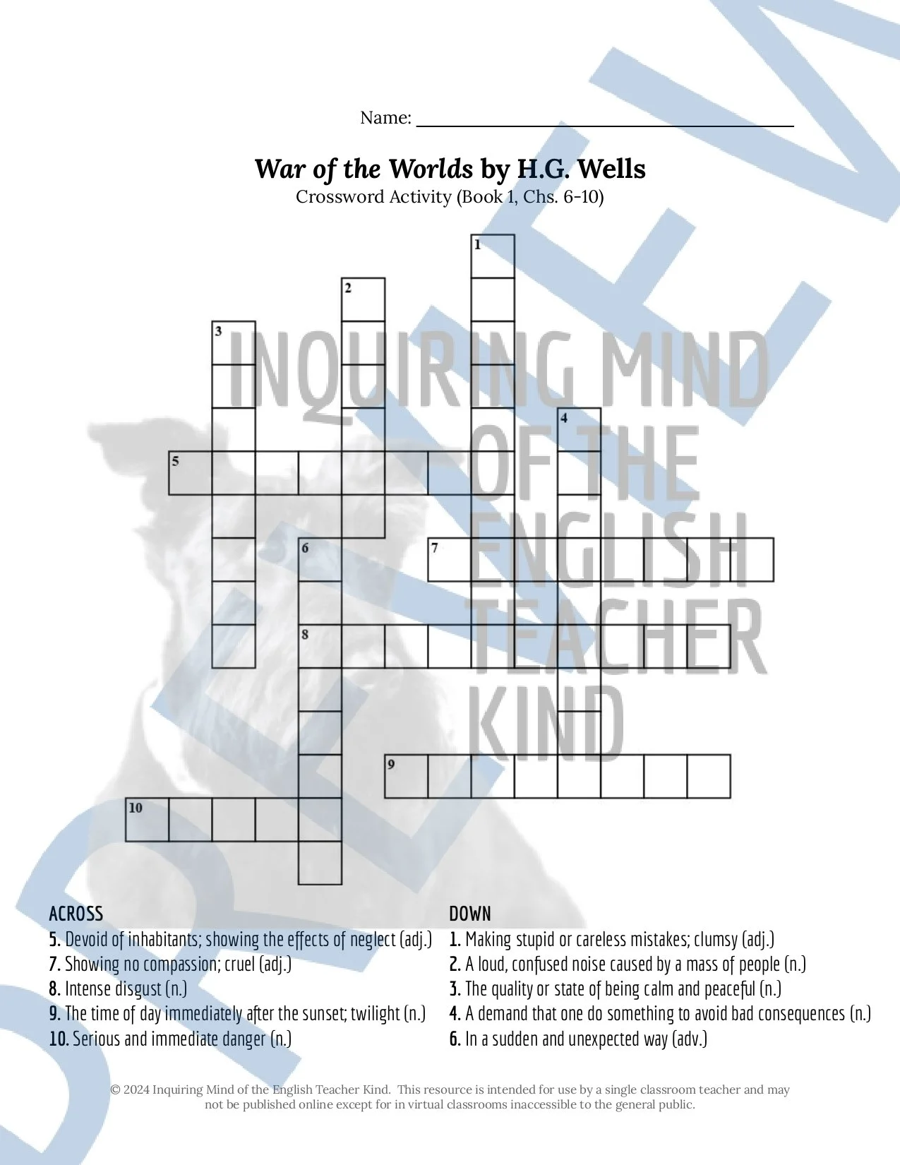 The War of the Worlds by H. G. Wells Vocabulary Games and Activities ...
