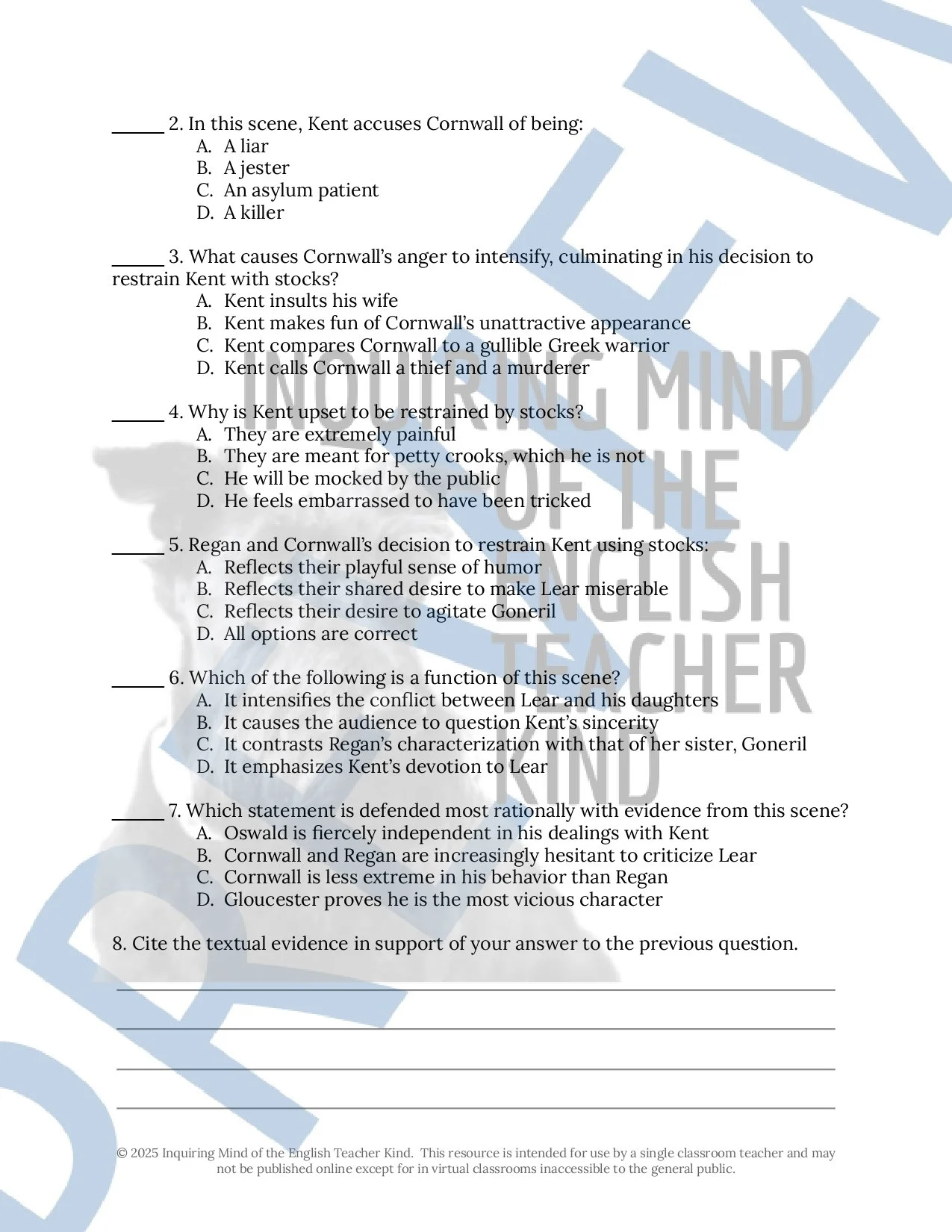 King Lear Act 2 Quiz and Close Reading Analysis Worksheets Bundle for ...
