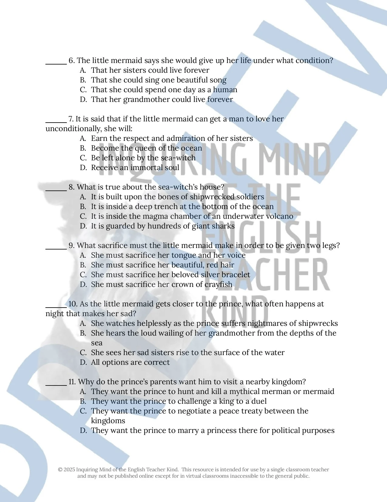 "The Little Mermaid" Quiz, Close Reading Activities, and Vocabulary ...