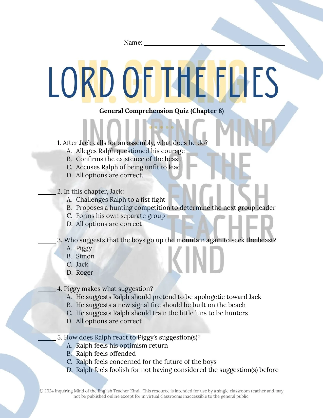Lord of the Flies Chapter 8 Quiz, Close Reading, and Vocabulary ...