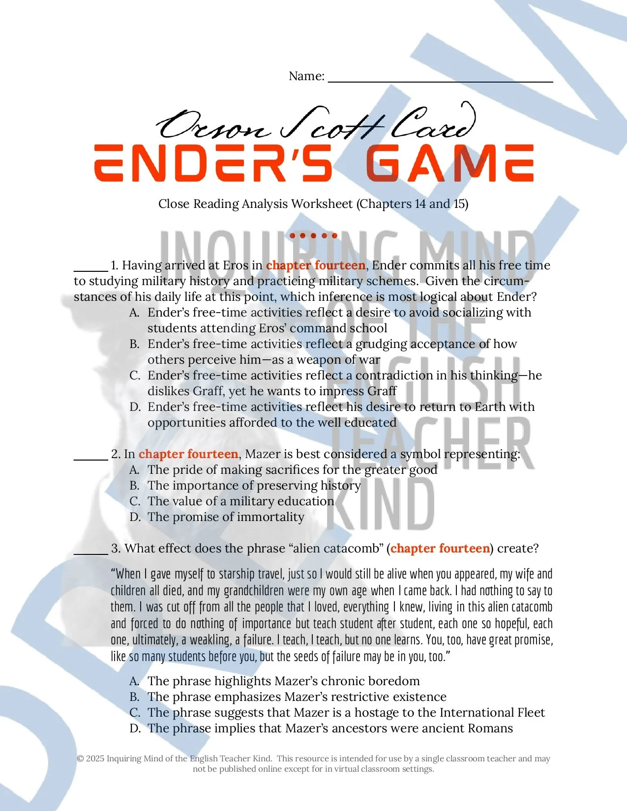 Ender's Game Close Reading Analysis Worksheets Bundle with Answer Keys — Inquiring Mind of the ...