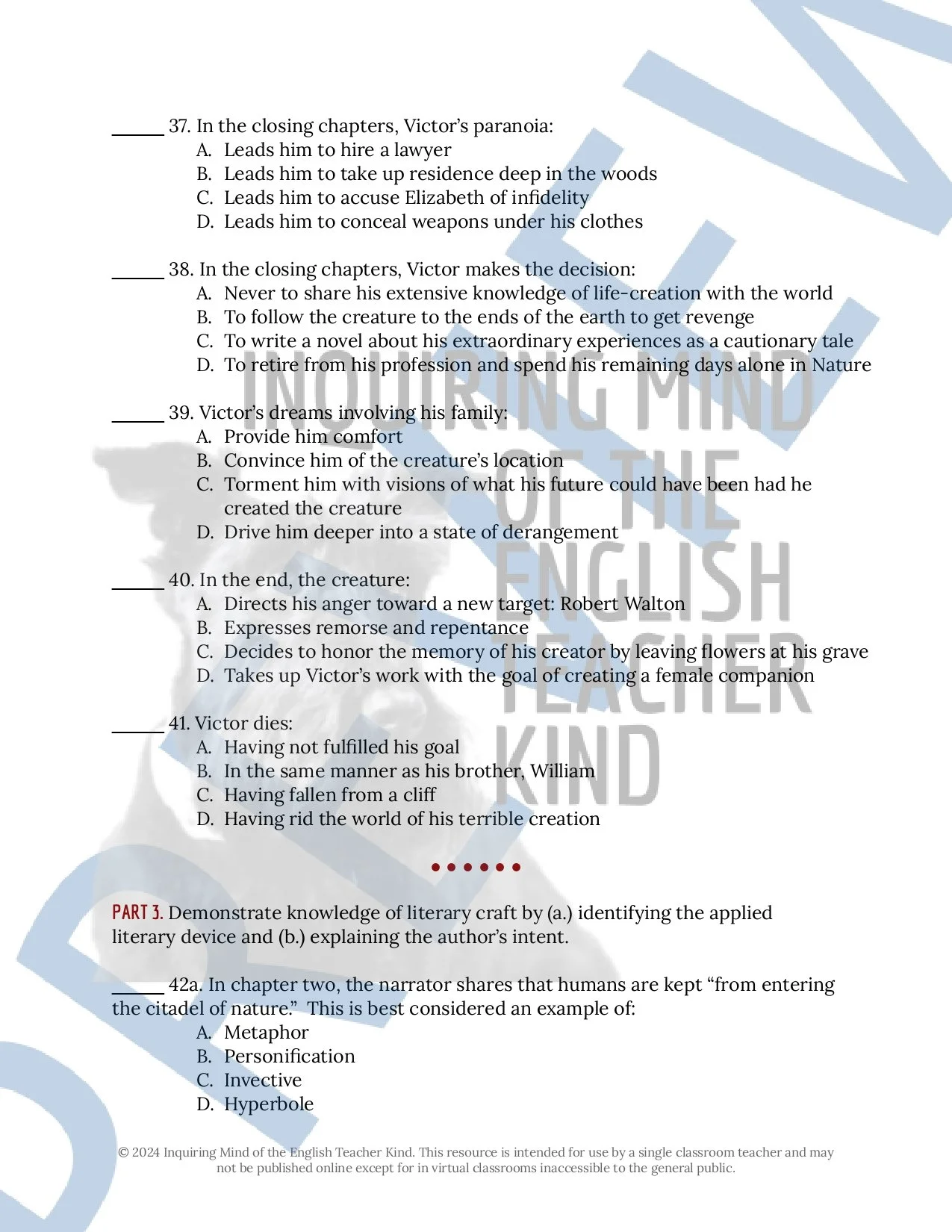 Frankenstein by Mary Shelley Test and Answer Key for High School ...