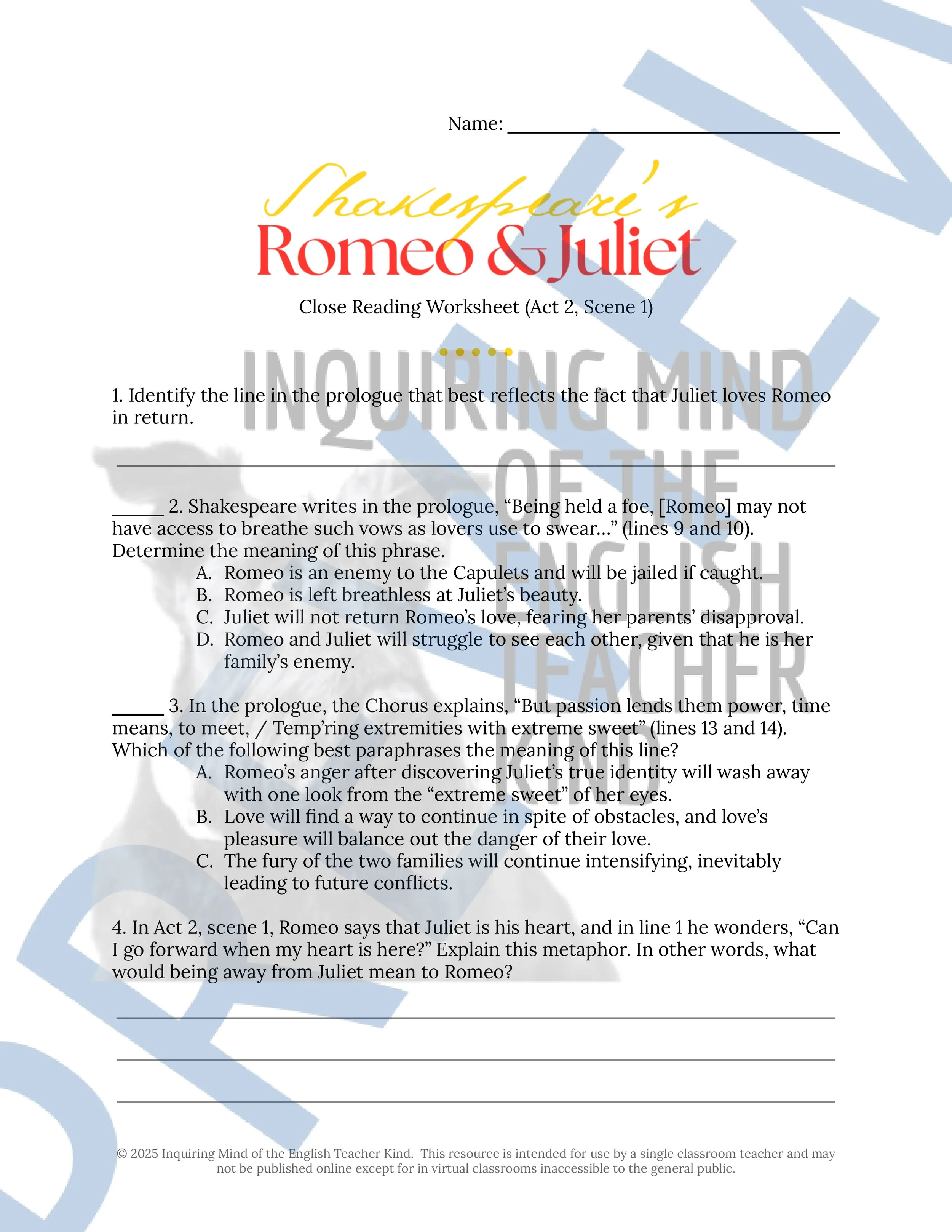 Romeo and Juliet Reading Guides, Vocabulary Games, Quizzes, Inference ...