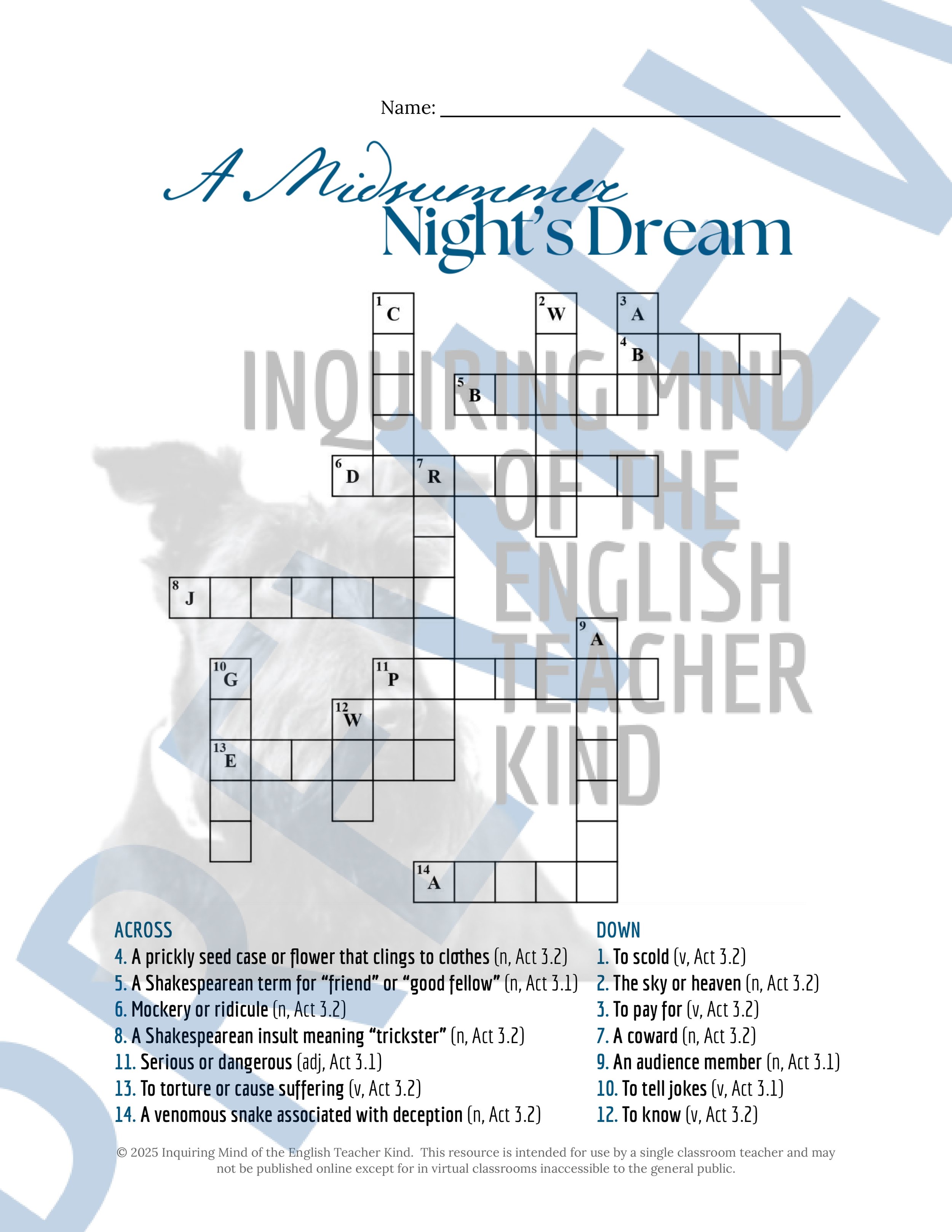 Shakespeare's A Midsummer Night's Dream Quizzes, Analysis Worksheets ...
