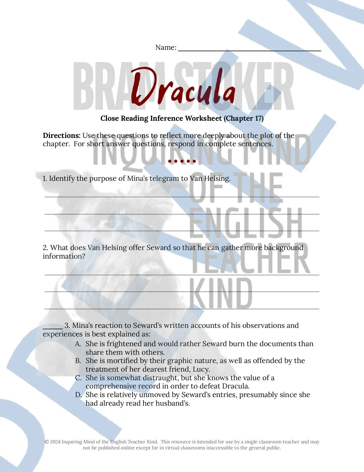 Dracula by Bram Stoker Chapters 14-17 Quiz, Close Reading Inference ...
