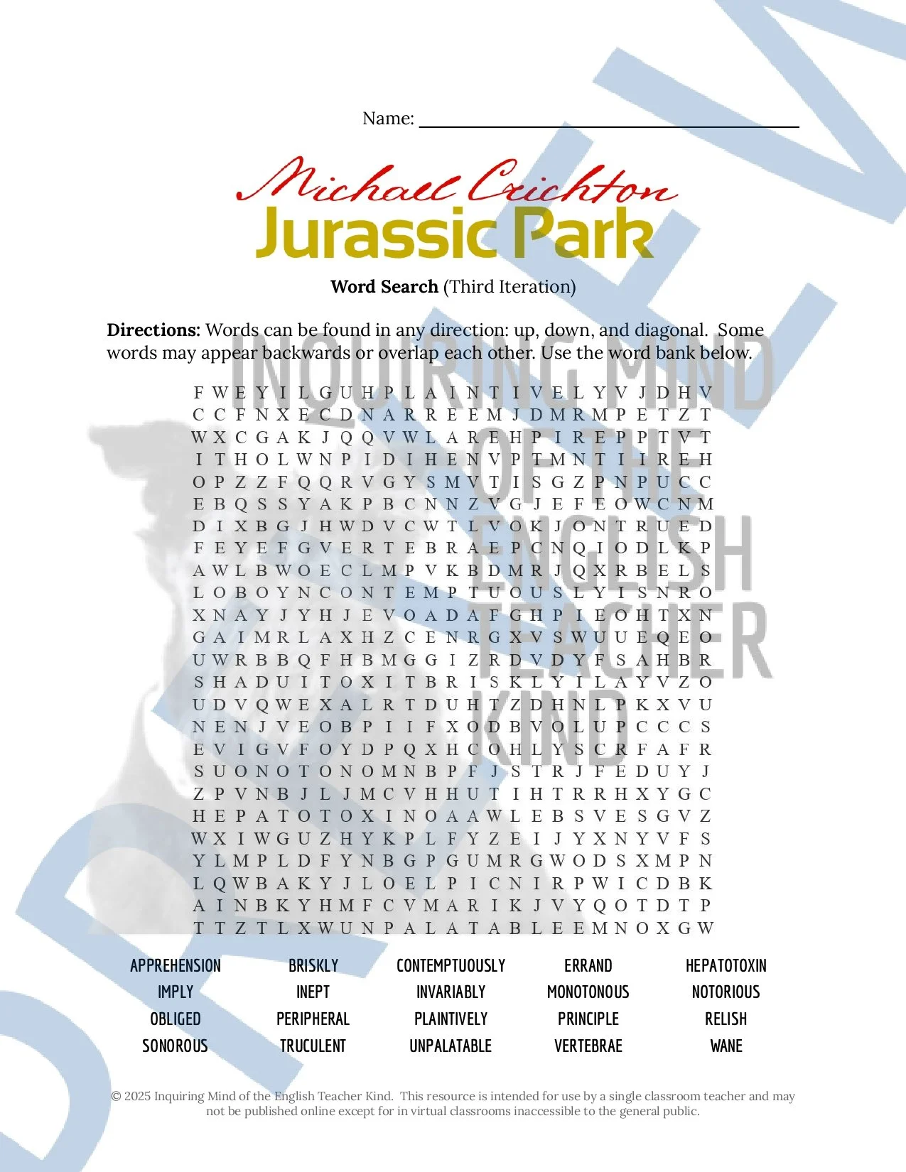 Jurassic Park Quizzes, Analysis Worksheets, Vocabulary Games, Project ...