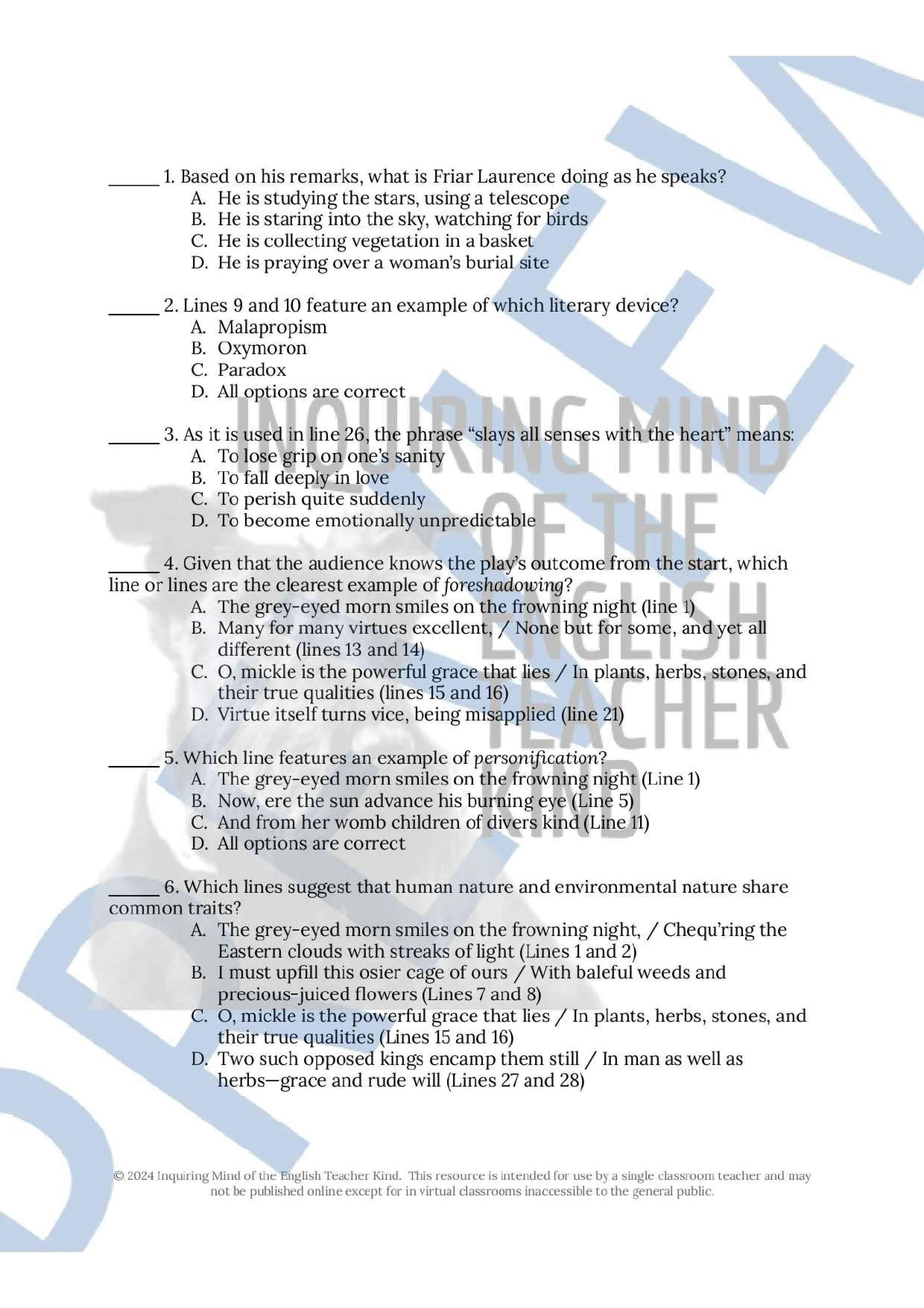 Romeo and Juliet Close Reading Analysis Worksheets Bundle with Answer ...