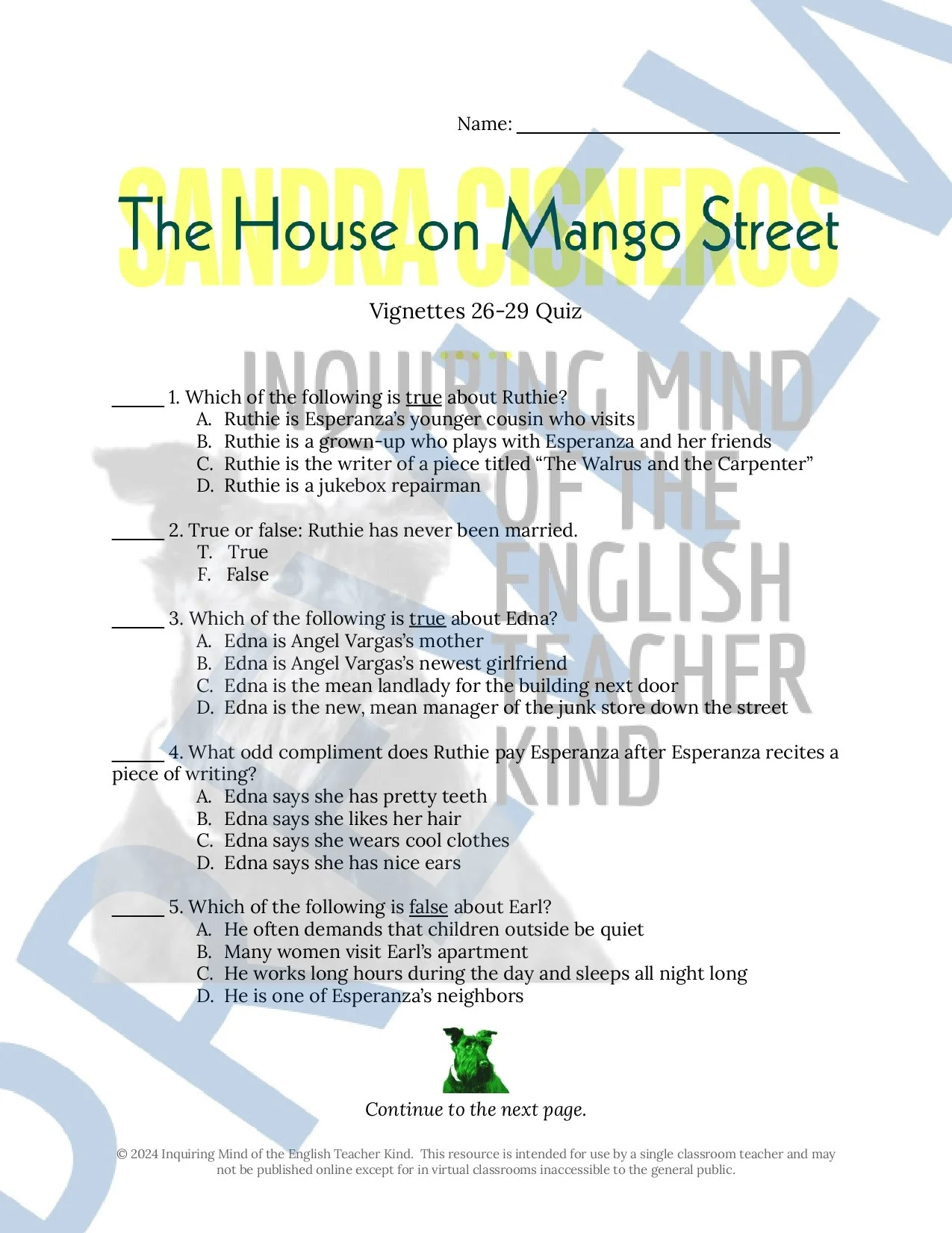 House on Mango Street Quiz and Close Reading Worksheets Bundle ...