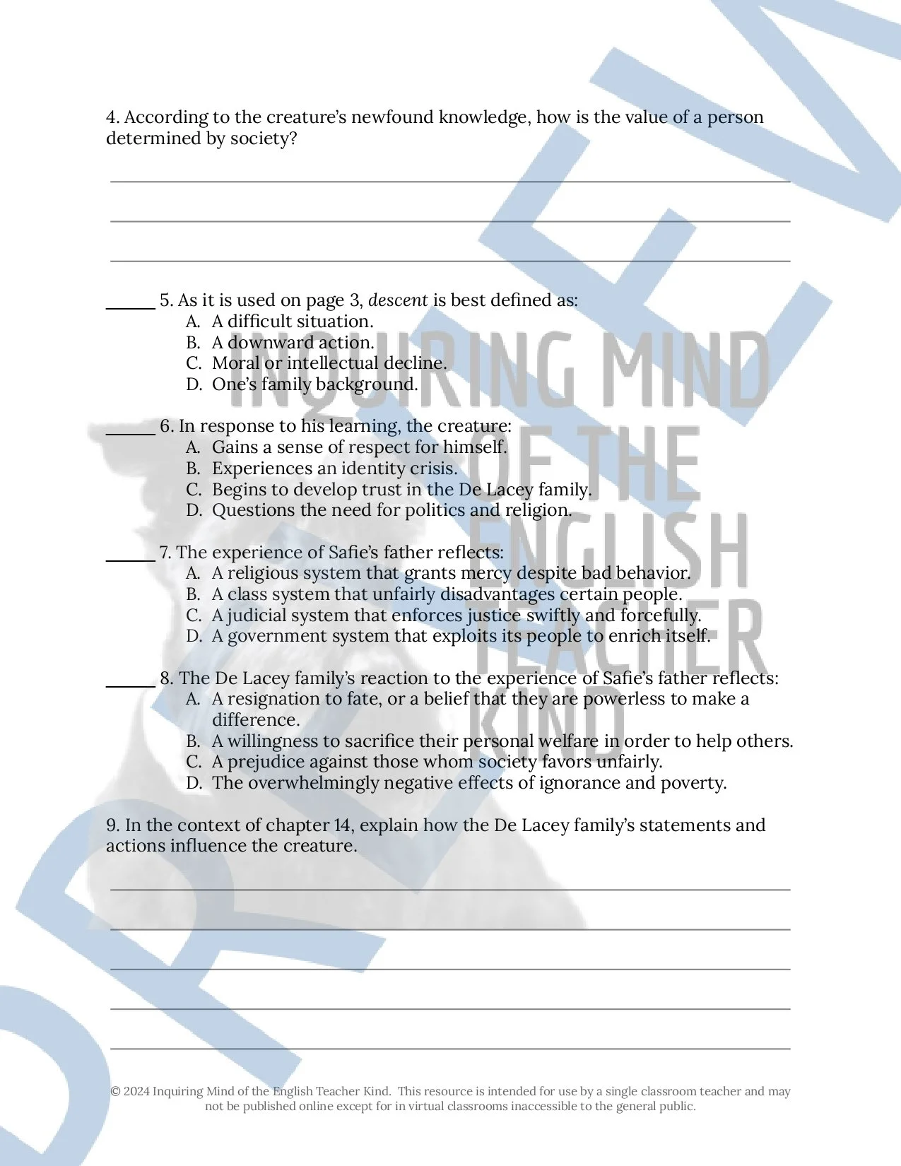 Frankenstein by Mary Shelley Close Reading Analysis Worksheets Bundle ...