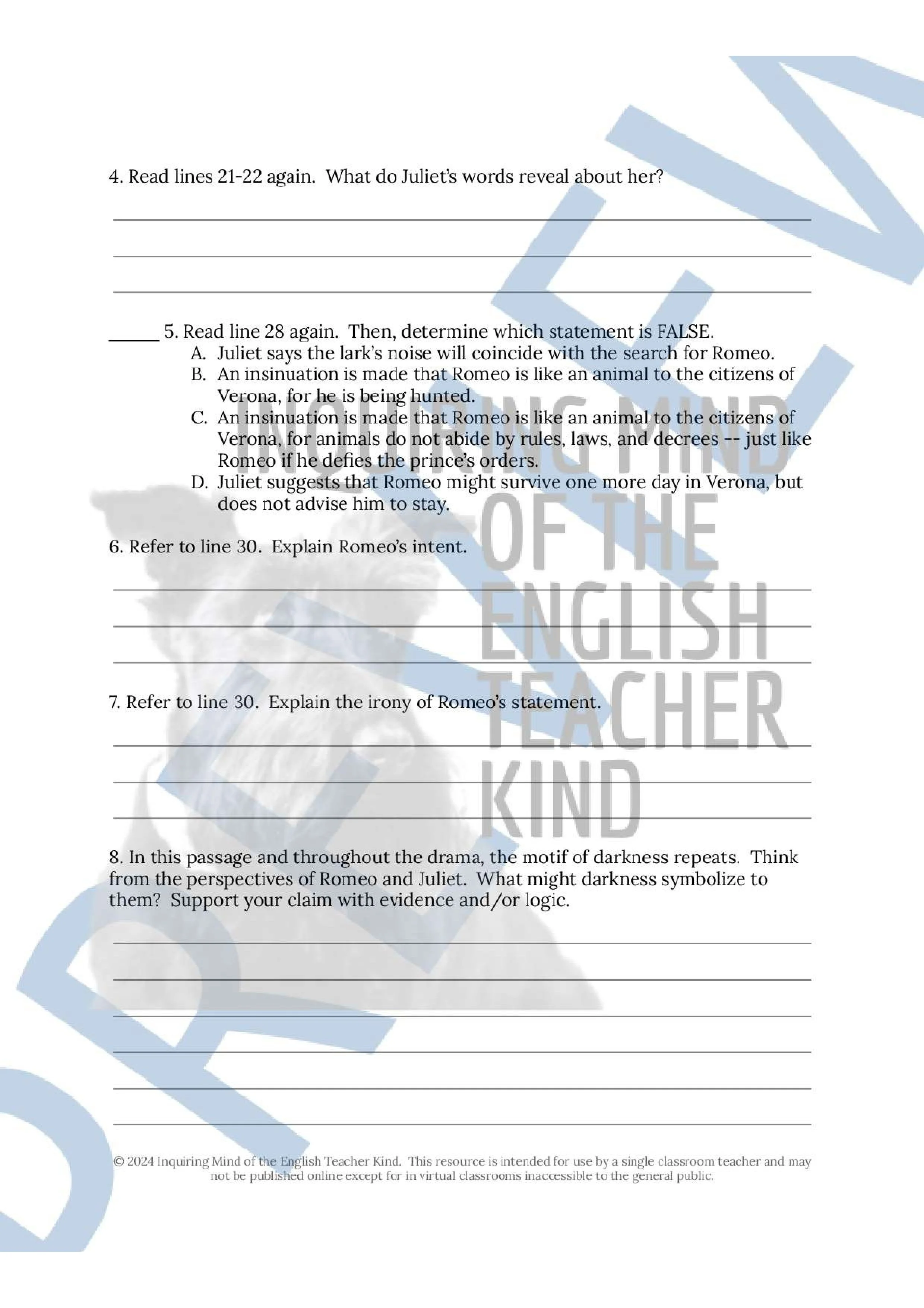 Romeo and Juliet Close Reading Analysis Worksheets Bundle with Answer ...