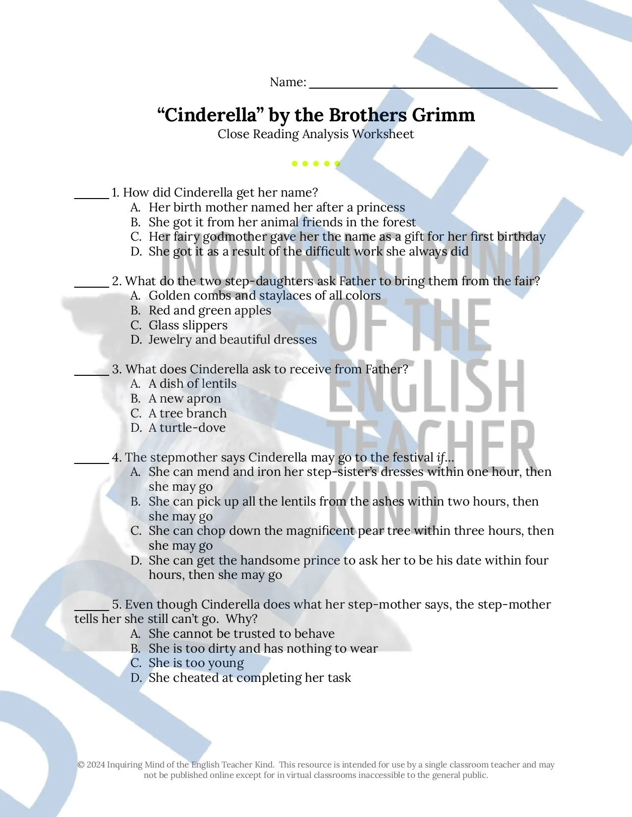 "Cinderella" by the Brothers Grimm Quiz, Close Reading, and Vocabulary ...