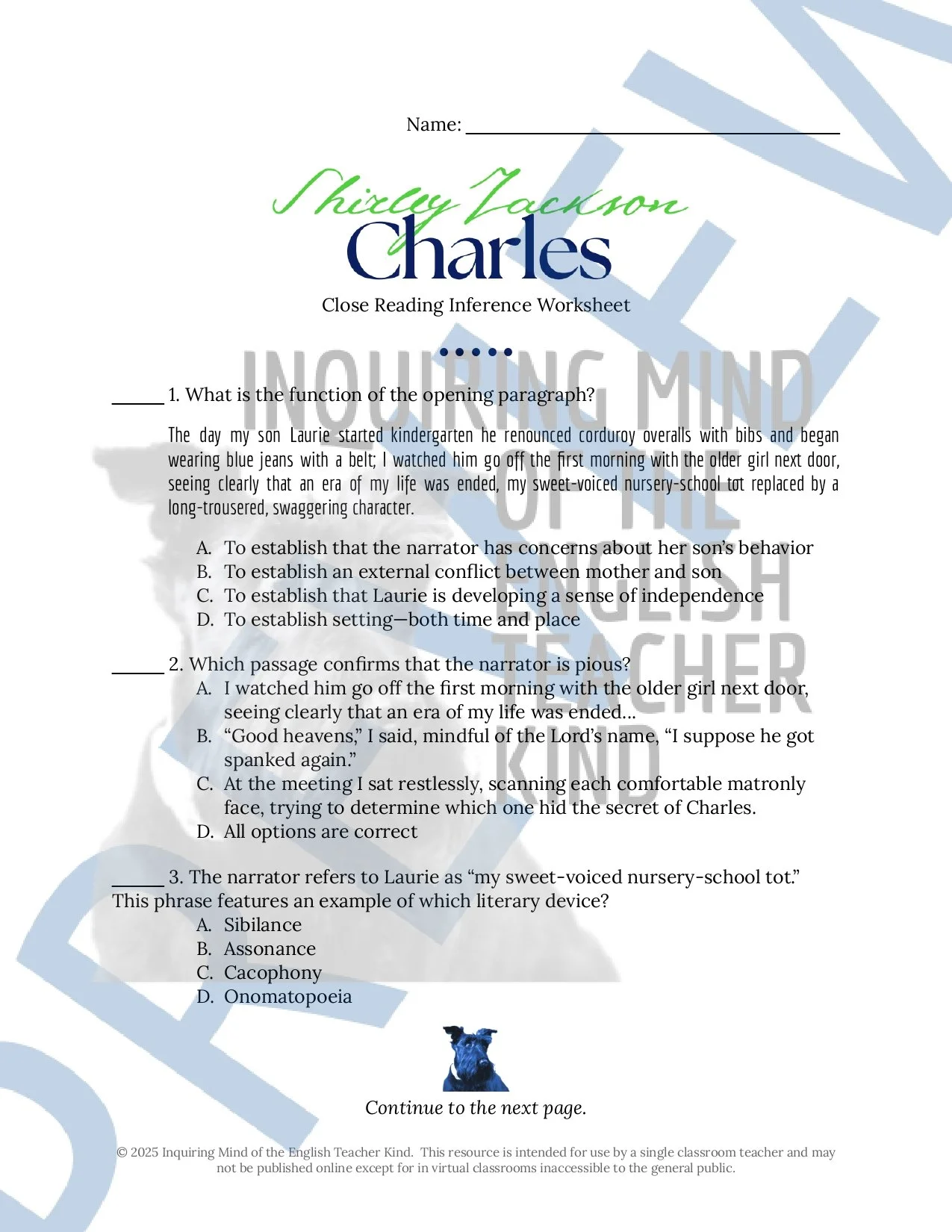 "Charles" by Shirley Jackson Quiz, Close Reading, and Vocabulary Games ...