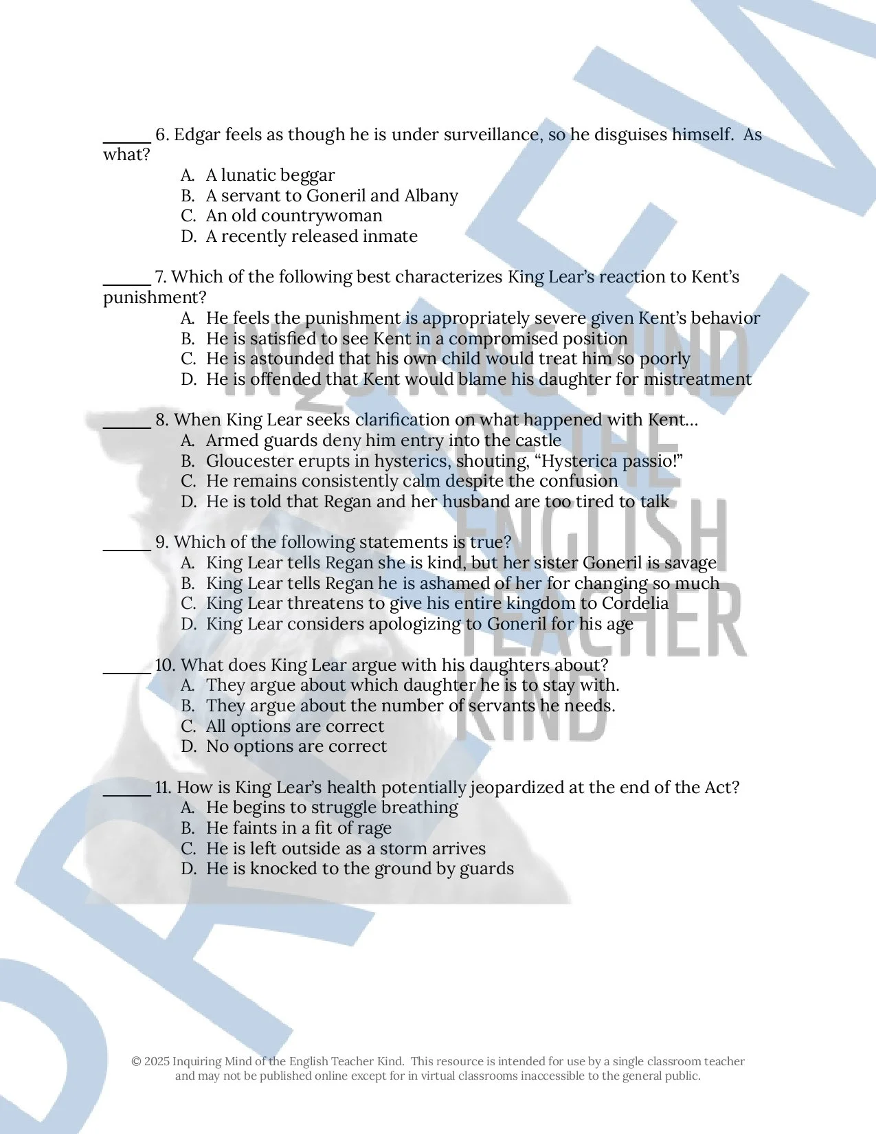 King Lear Act 2 Quiz and Close Reading Analysis Worksheets Bundle for ...