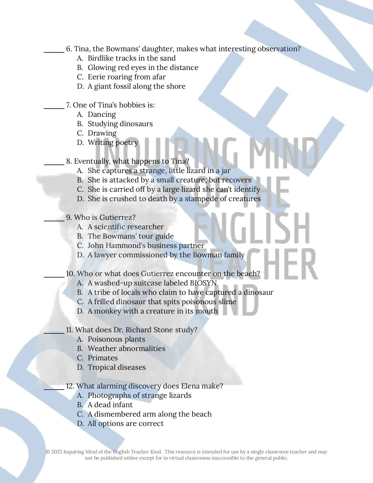 Jurassic Park by Michael Crichton First Iteration Quiz, Analysis ...