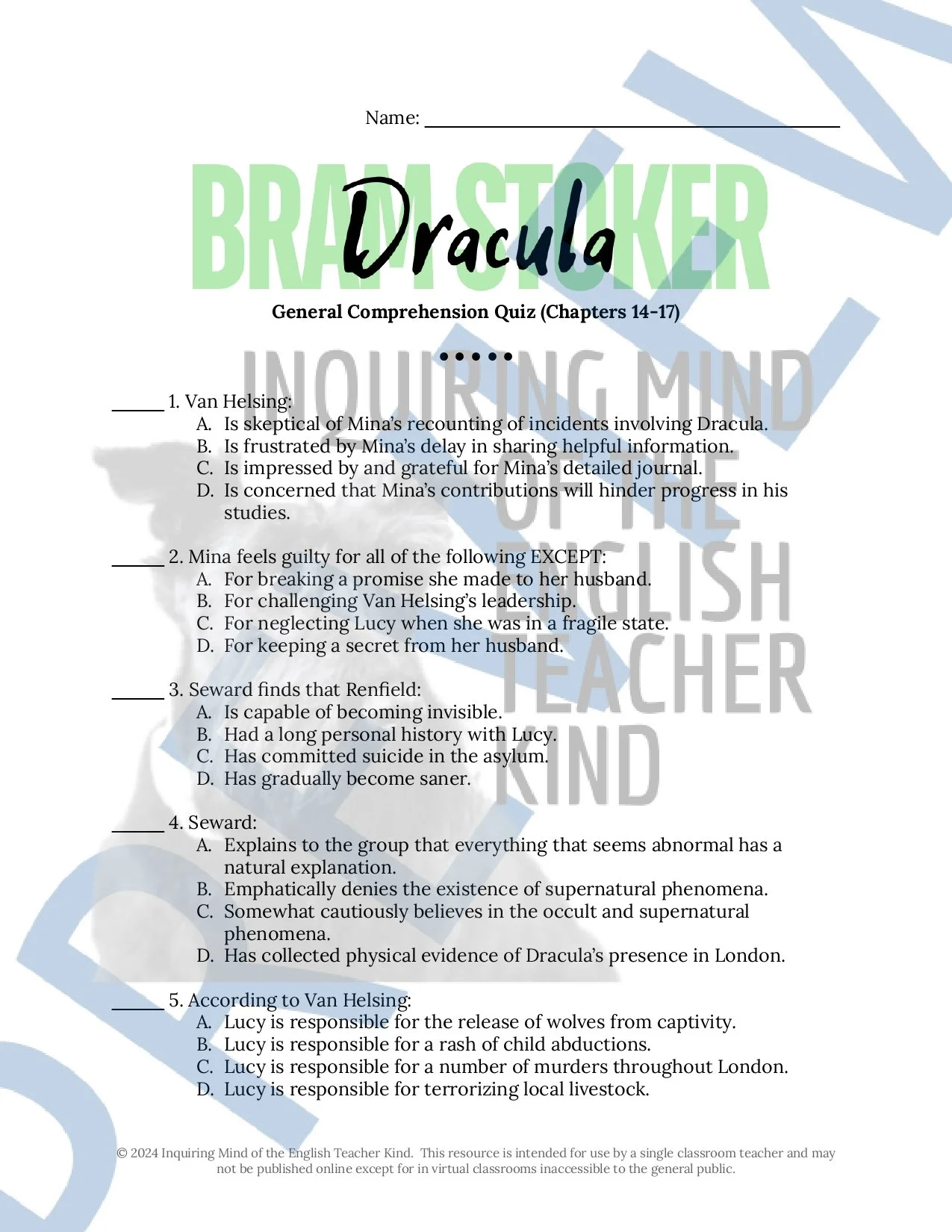 Dracula by Bram Stoker Quiz and Answer Key Bundle for High School ...