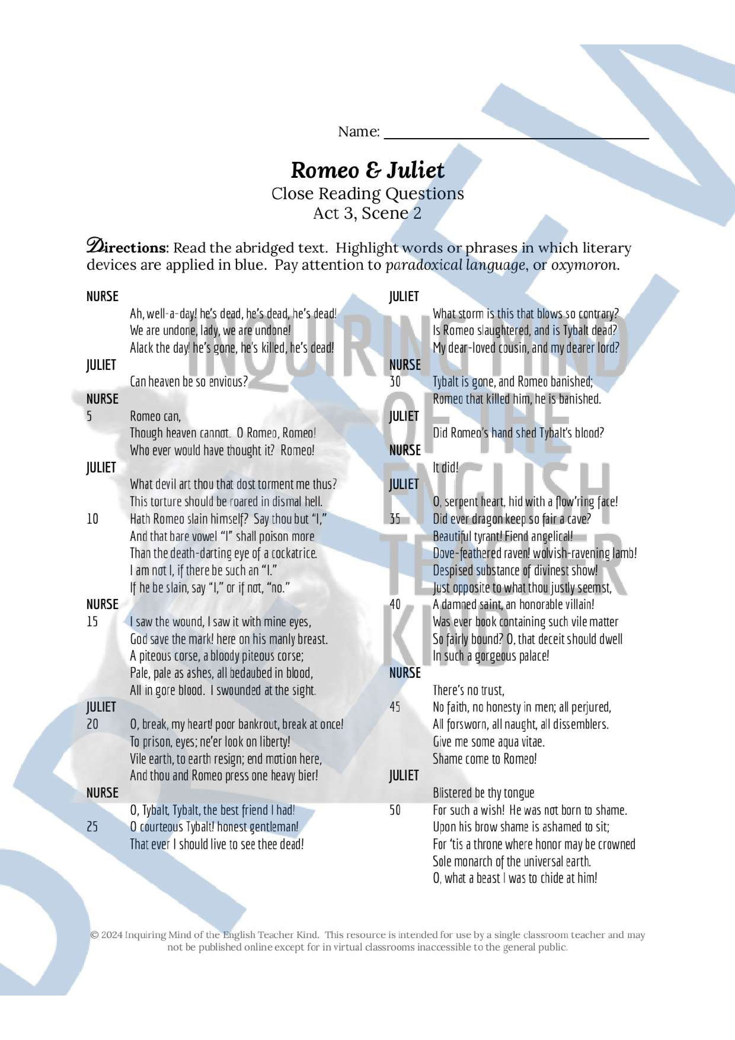 Romeo and Juliet Close Reading Analysis Worksheets Bundle with Answer ...