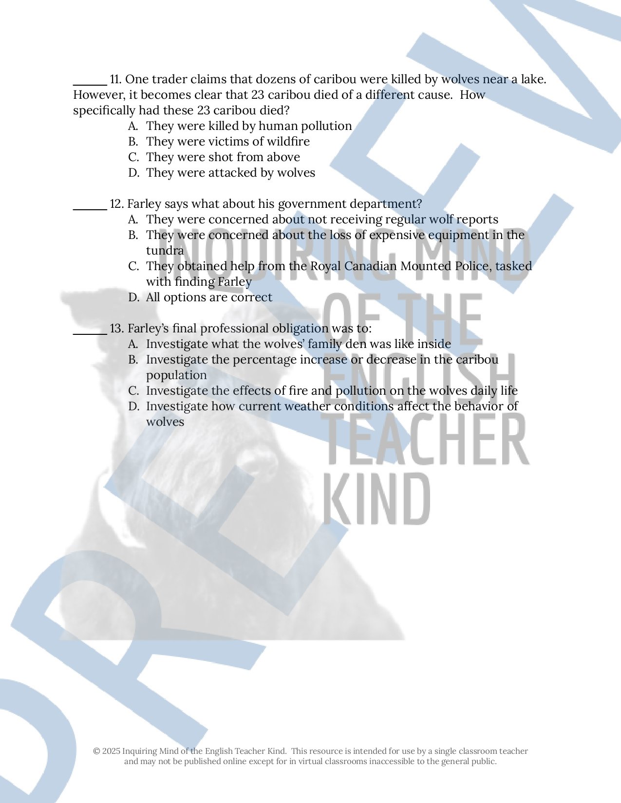 Never Cry Wolf by Farley Mowat Quiz and Answer Key Bundle for High ...