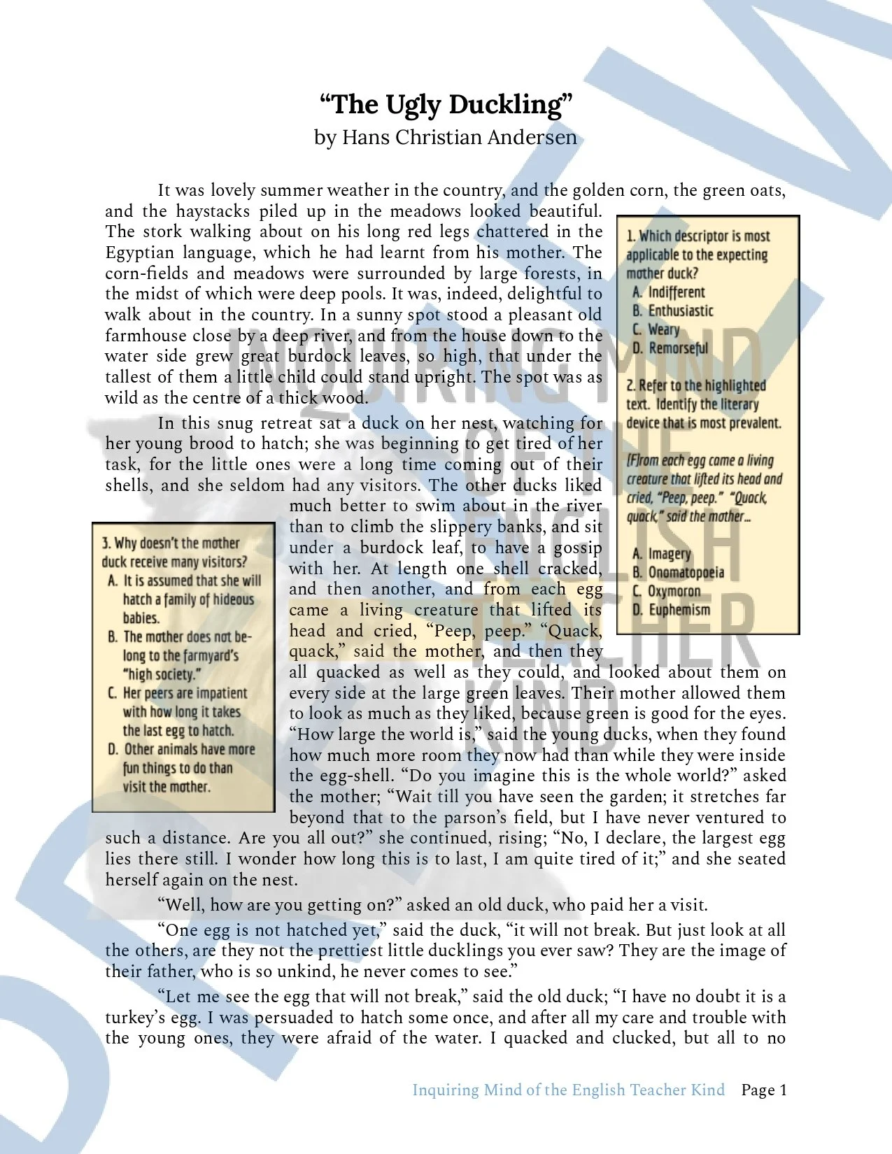 "The Ugly Duckling" Quiz, Close Reading Worksheet, and Vocabulary Games ...