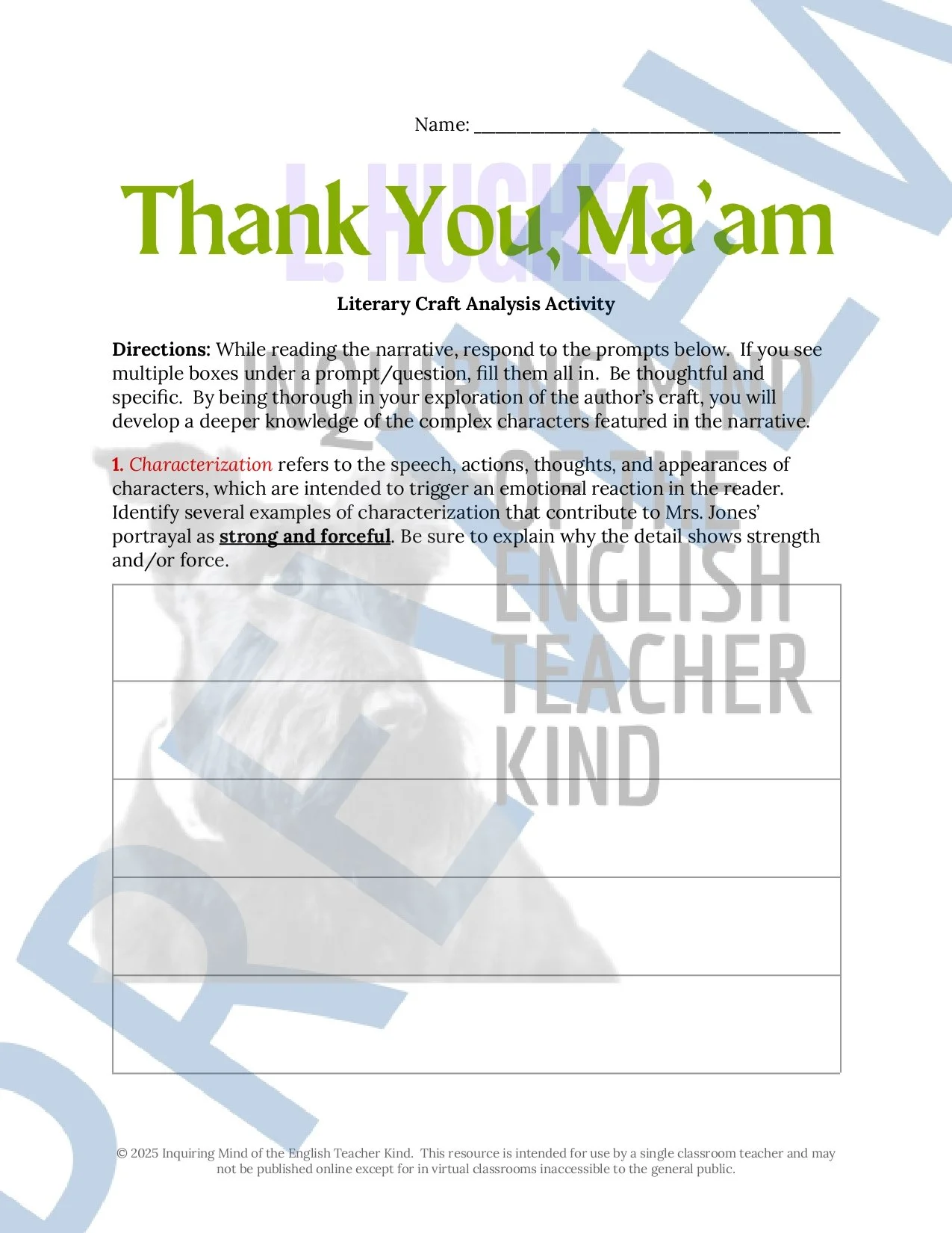 "Thank You, Ma'am" by Langston Hughes Craft Analysis Activity ...