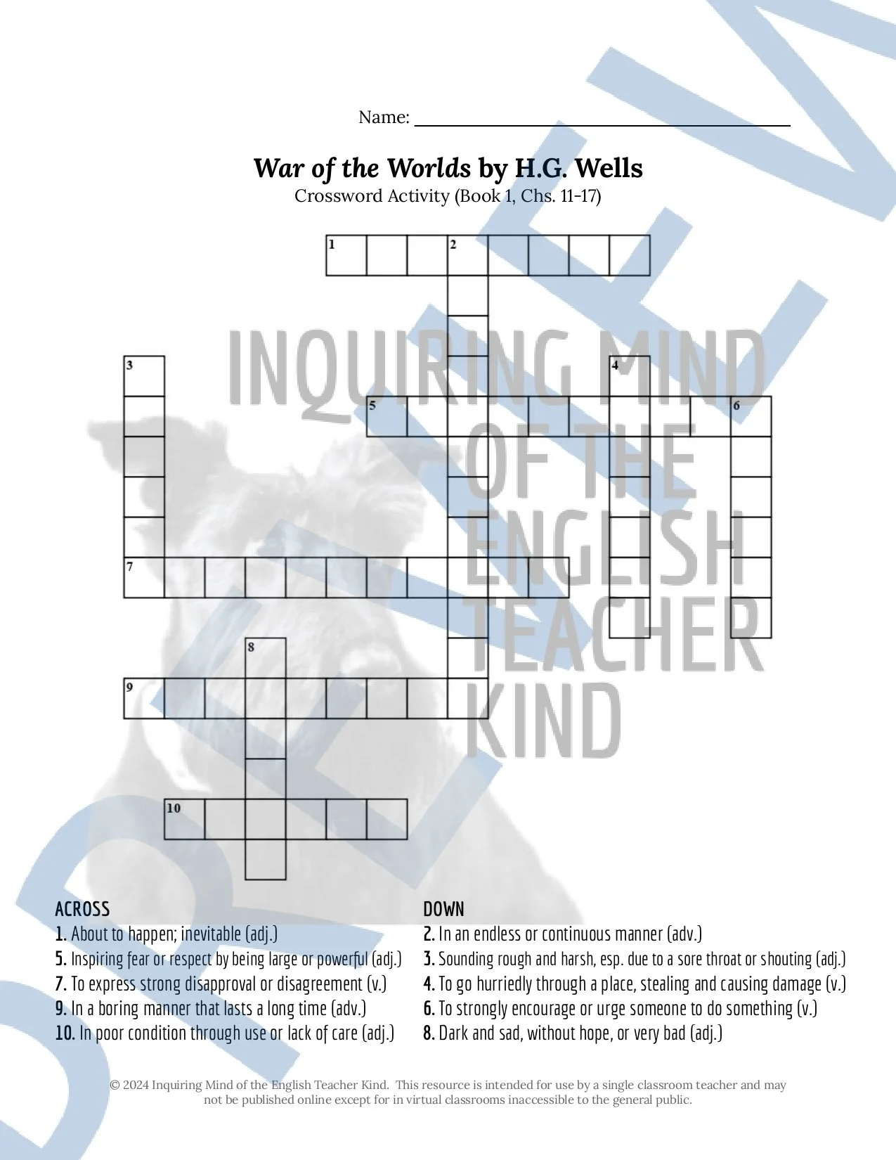 The War of the Worlds by H. G. Wells Vocabulary Games and Activities ...