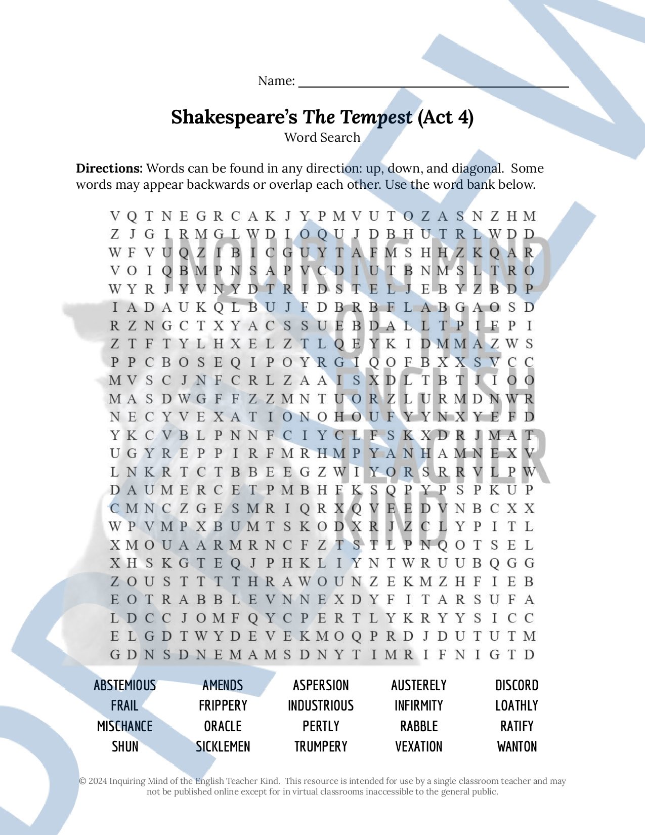 William Shakespeare's The Tempest Act 4 Quiz, Close Reading Worksheet ...