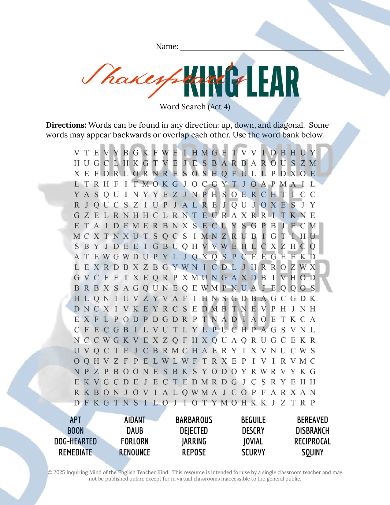 King Lear Act 4 Quiz, Vocabulary Games, and Close Reading Inference ...