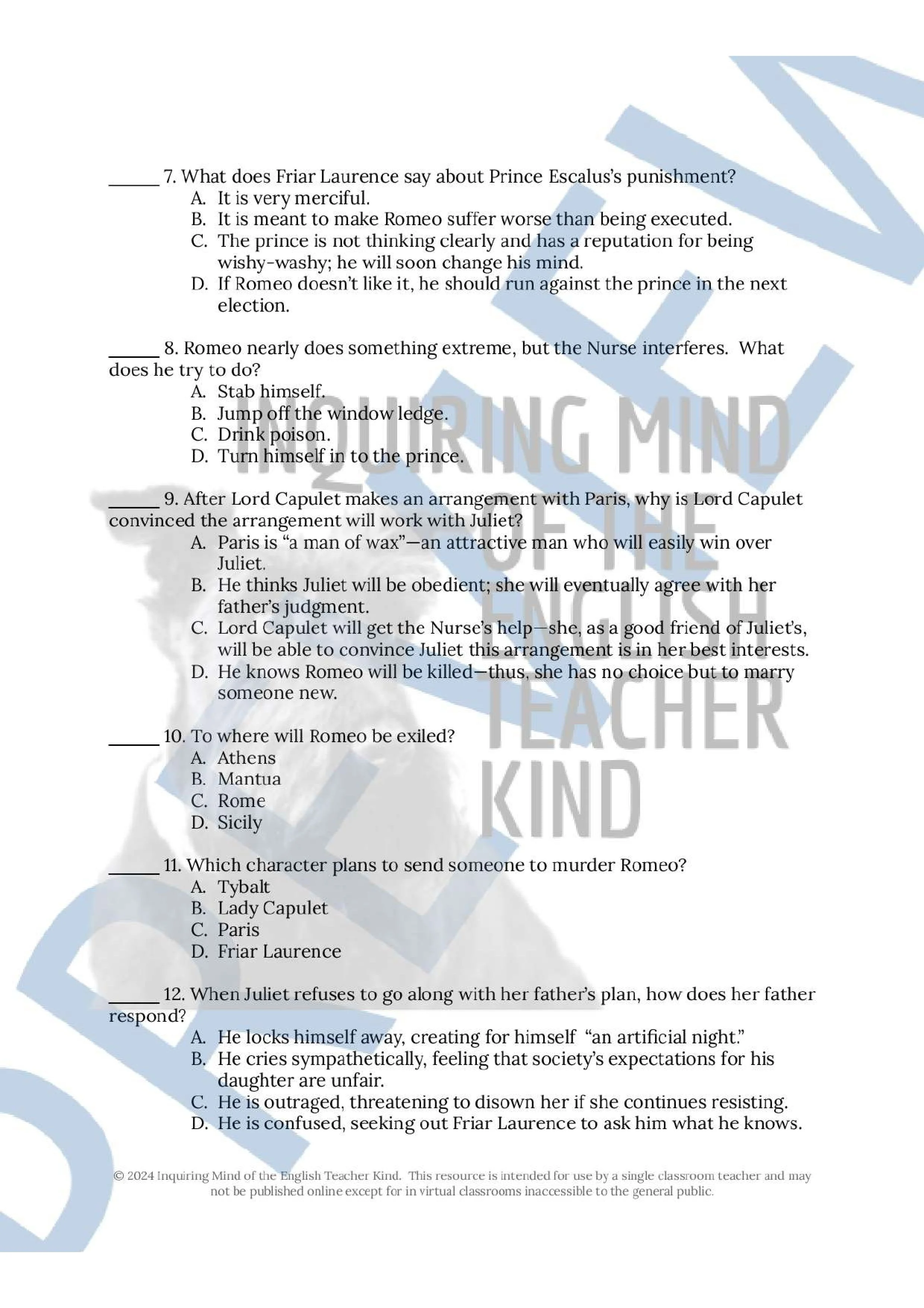 Romeo and Juliet Quiz and Answer Key Bundle for High School — Inquiring ...