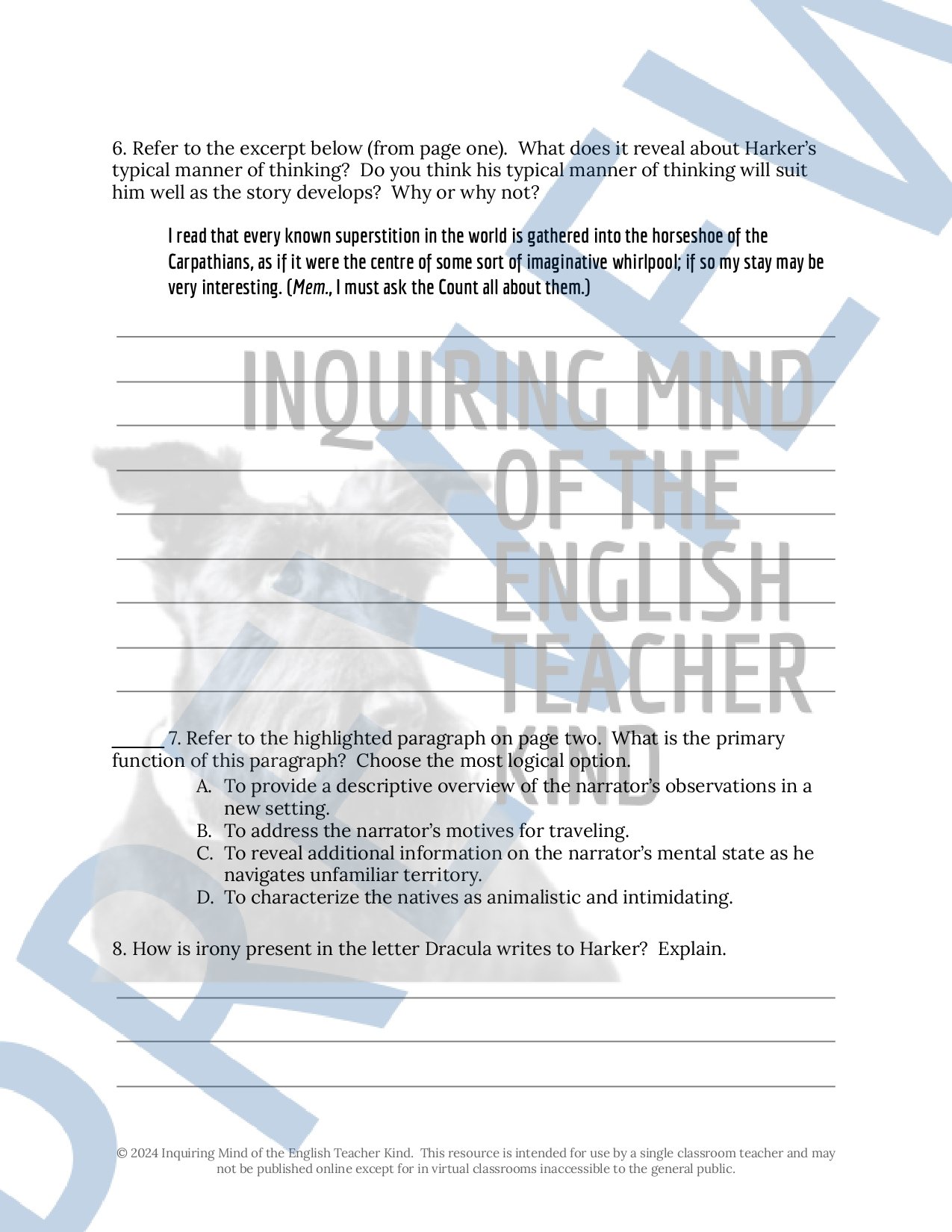 Dracula by Bram Stoker Chapters 1-4 Quiz, Close Reading Worksheets, and ...