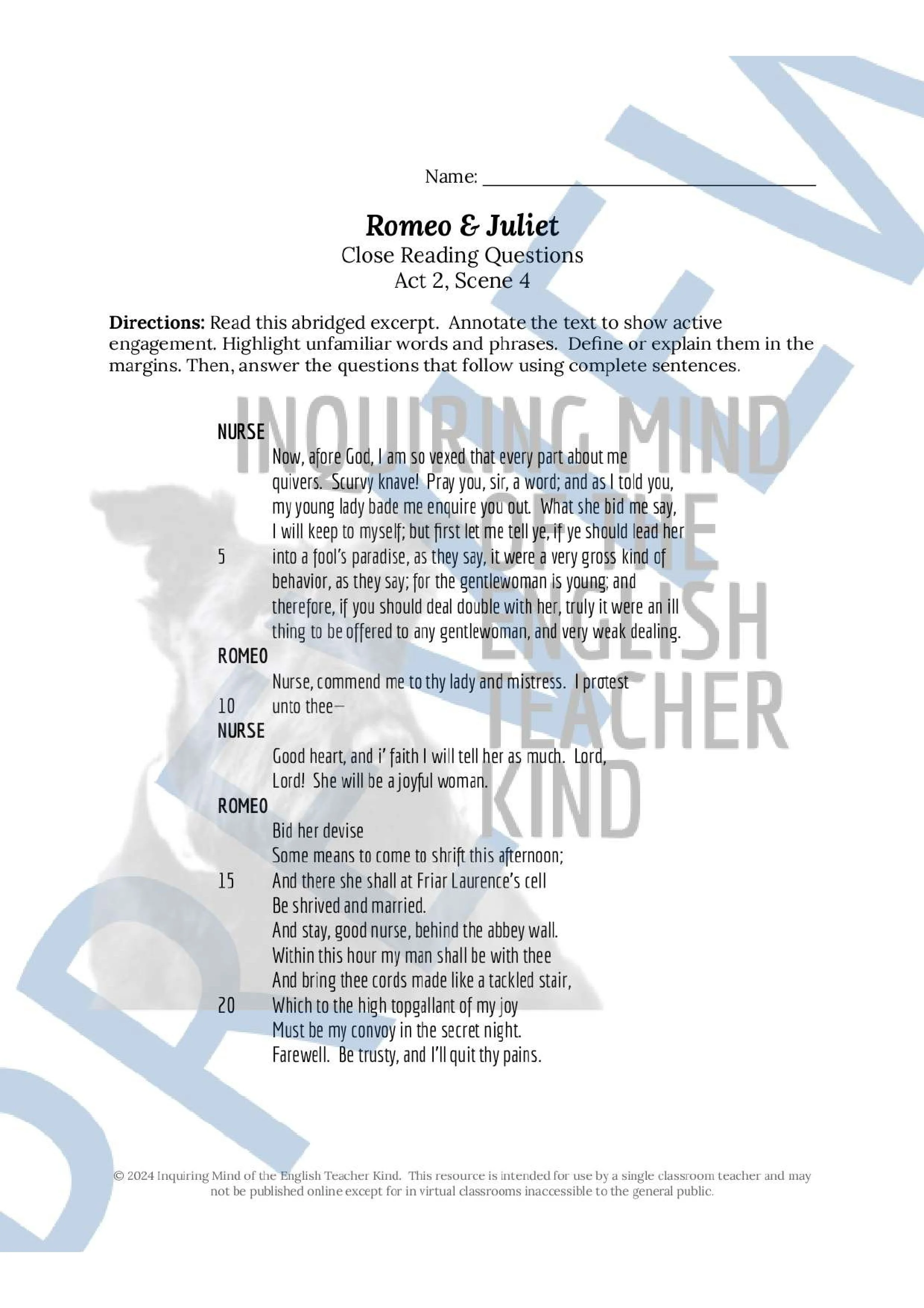 Romeo and Juliet Close Reading Analysis Worksheets Bundle with Answer ...