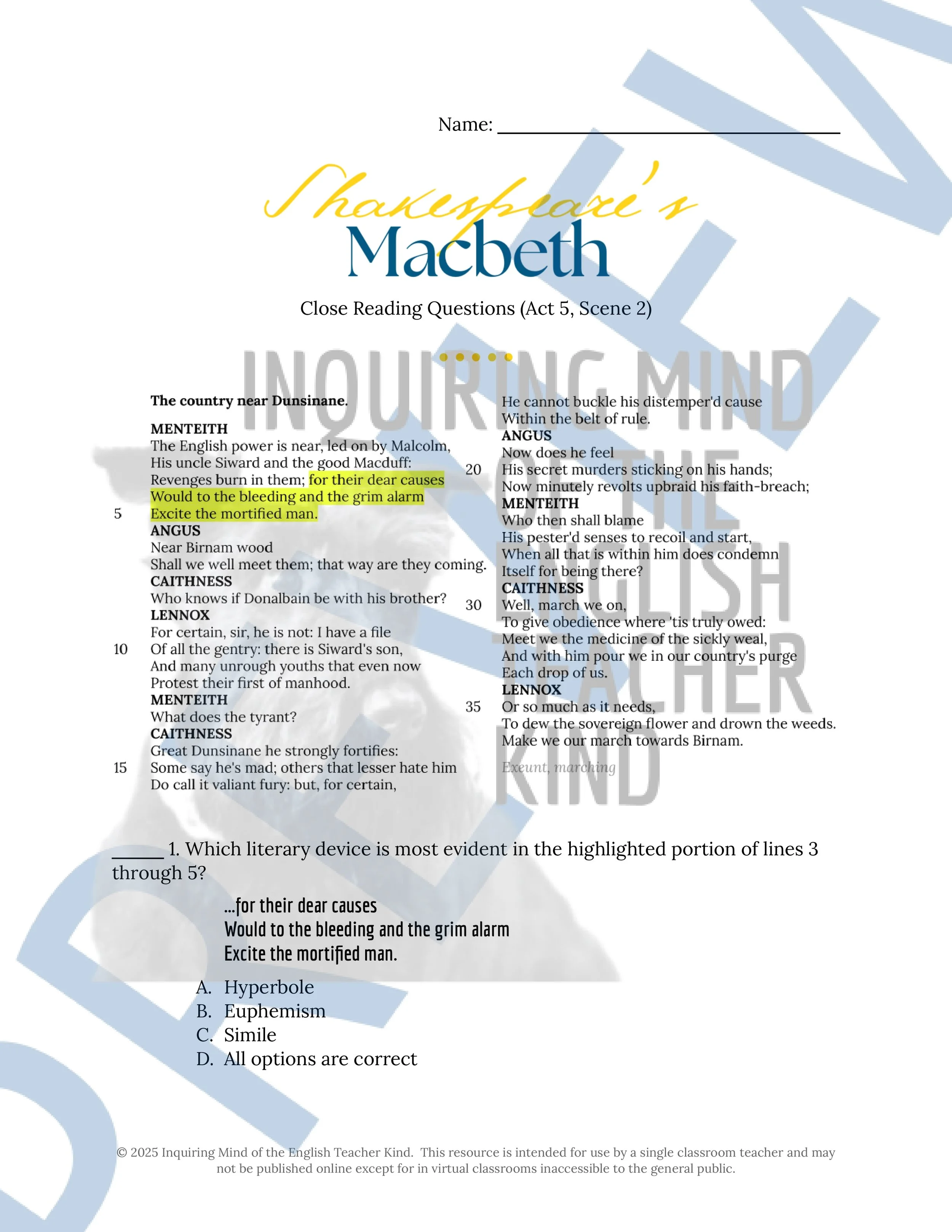 Macbeth Close Reading Analysis Worksheets and Answer Keys Bundle for ...