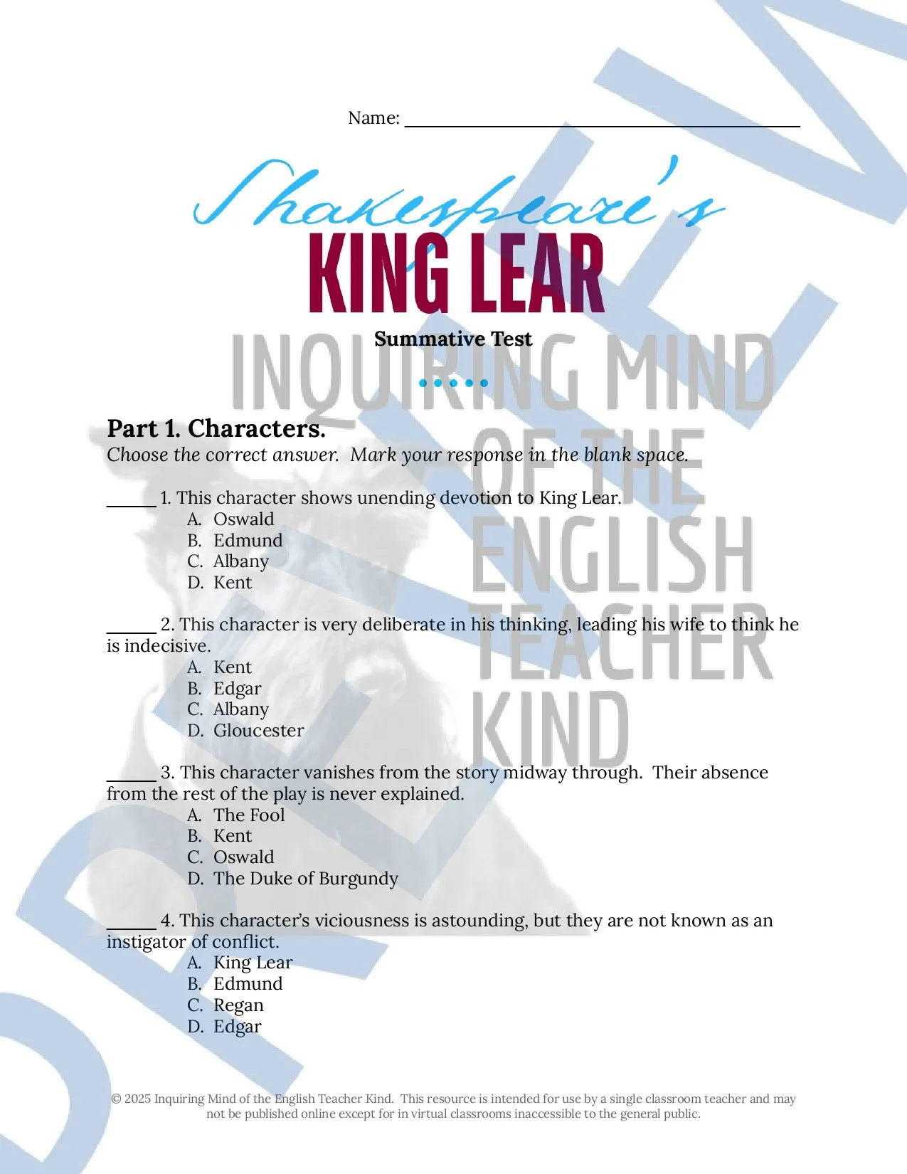 King Lear Quizzes, Vocabulary Games, Inference Worksheets, Test, and ...