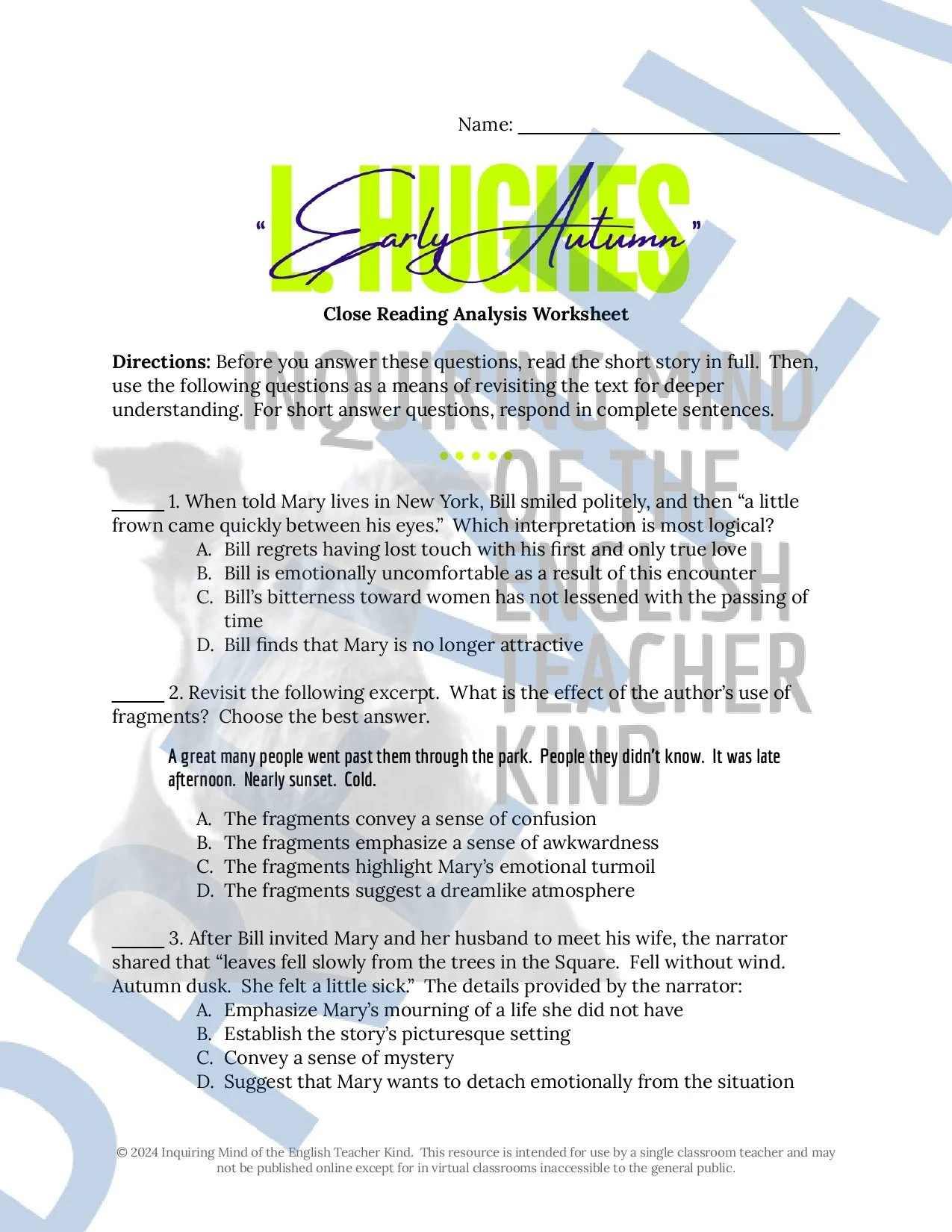 "Early Autumn" by Langston Hughes Quiz, Close Reading Analysis ...