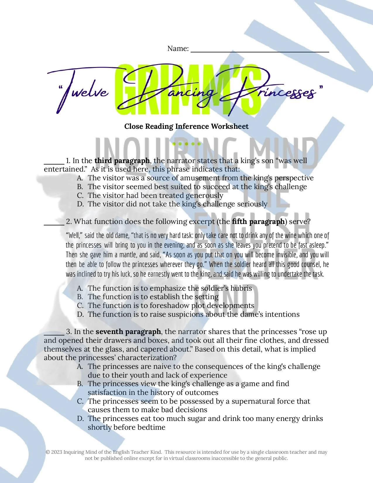 "The Twelve Dancing Princesses" Quiz, Close Reading Activity, and ...