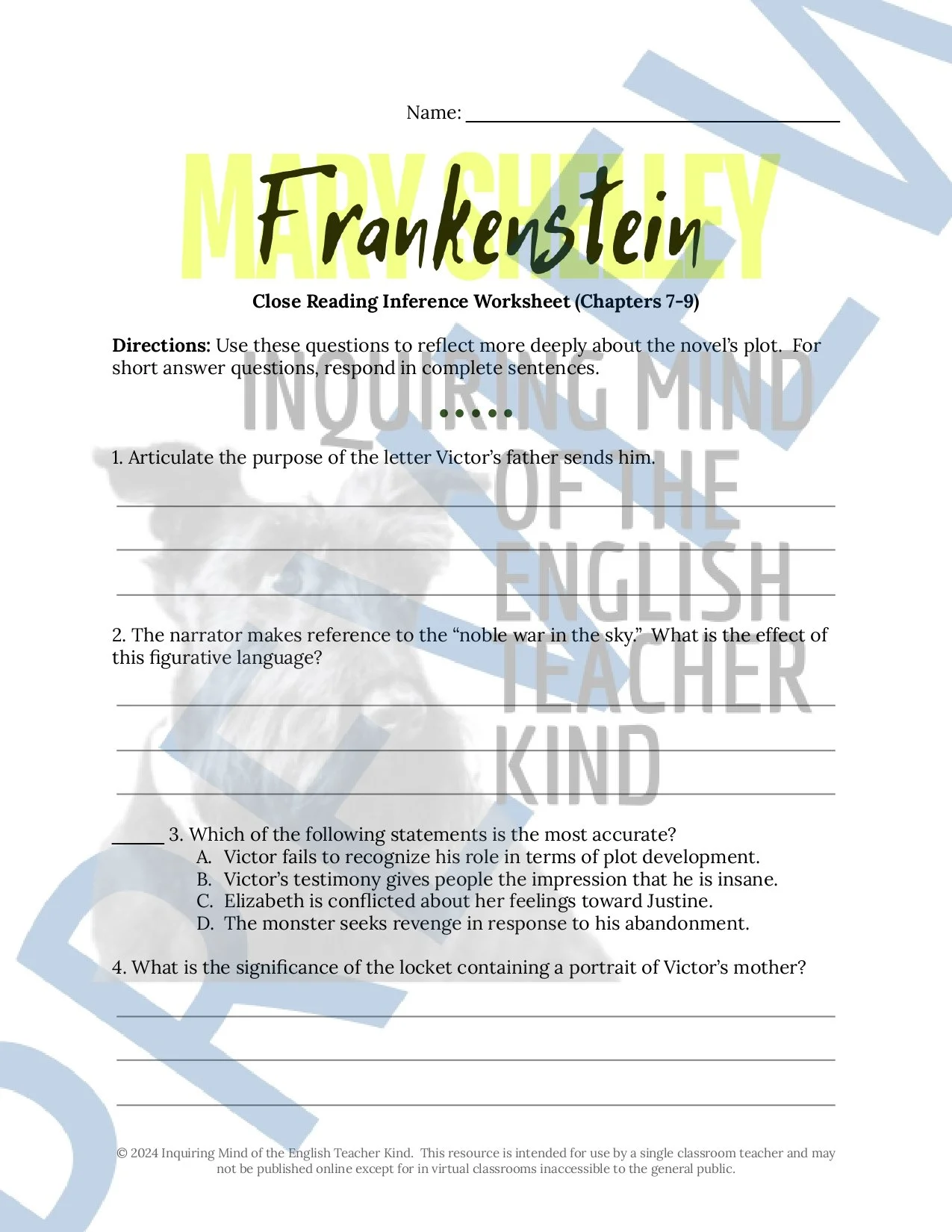 Frankenstein by Mary Shelley Chapters 7-9 Quiz, Close Reading Worksheet ...