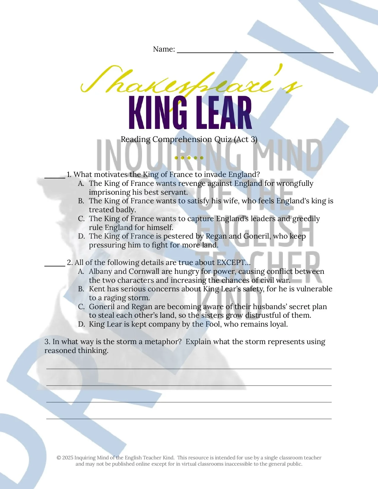 King Lear Act 3 Quiz and Close Reading Analysis Worksheets Bundle for ...