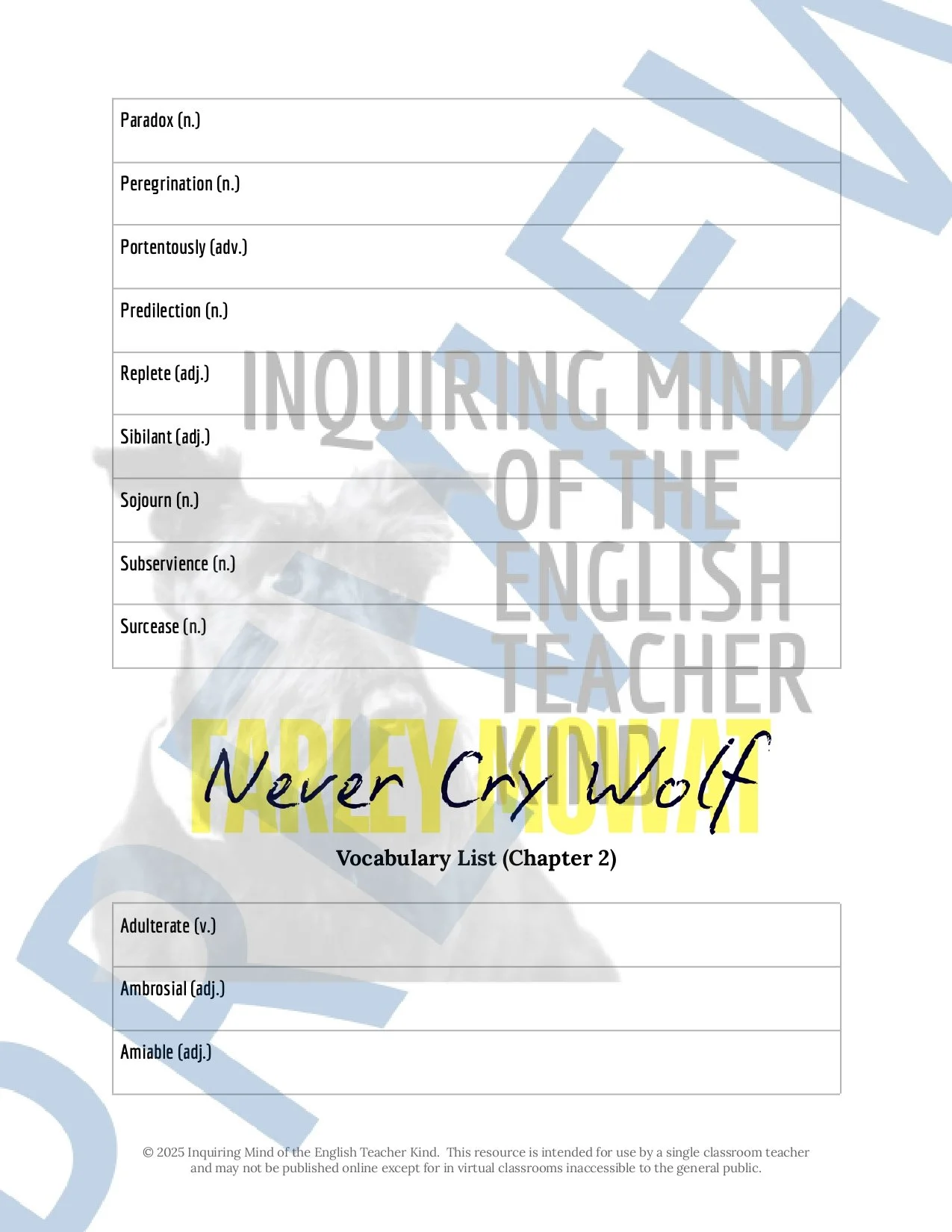 Never Cry Wolf by Farley Mowat Vocabulary Games for High School English ...