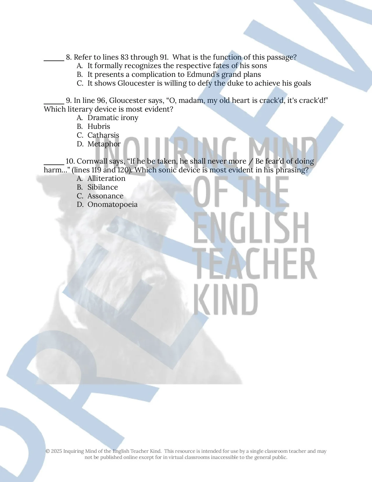 King Lear Act 2 Quiz and Close Reading Analysis Worksheets Bundle for ...